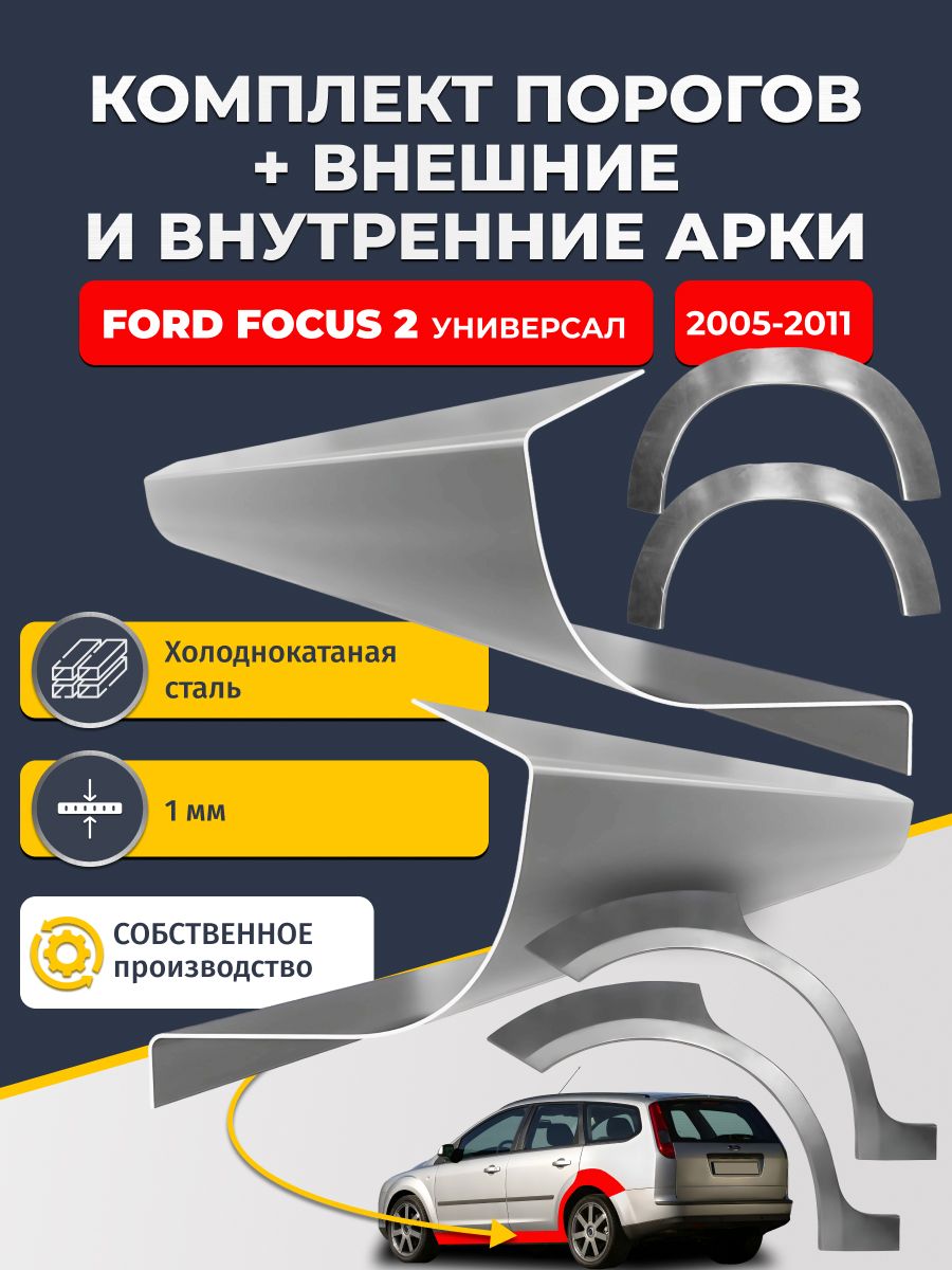 Комплект ремонтных задних внешних и внутренних арок (0,8 мм) + комплект стандартных ремонтных порогов , на Ford Focus 2 2004-2011 универсал (Форд Фокус 2) Холоднокатаная сталь 1 мм