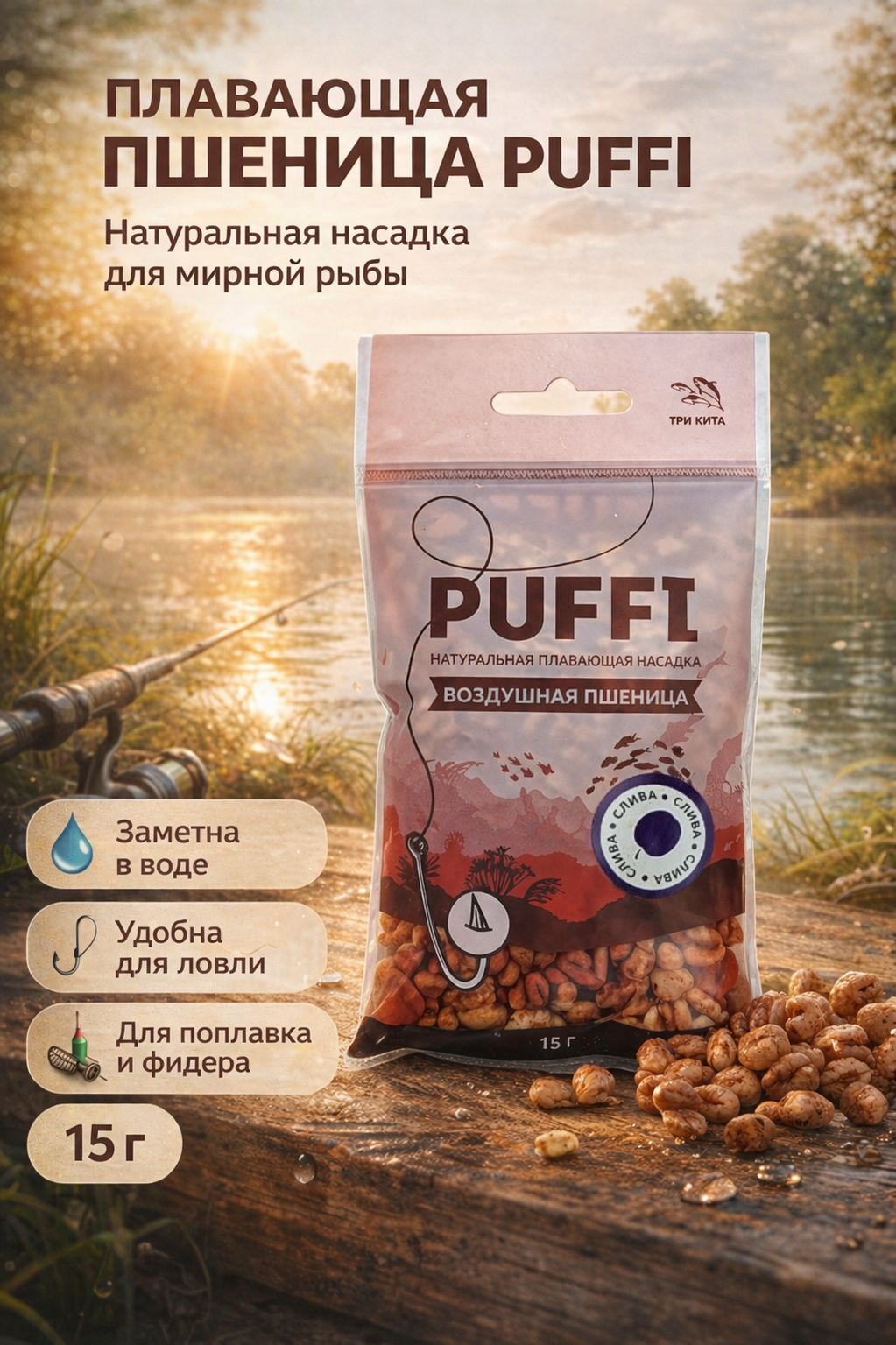 PUFFI (паффи) воздушная пшеница, Слива, 15 г - плавающая насадка для карася карпа, сложное дно, ил, трава