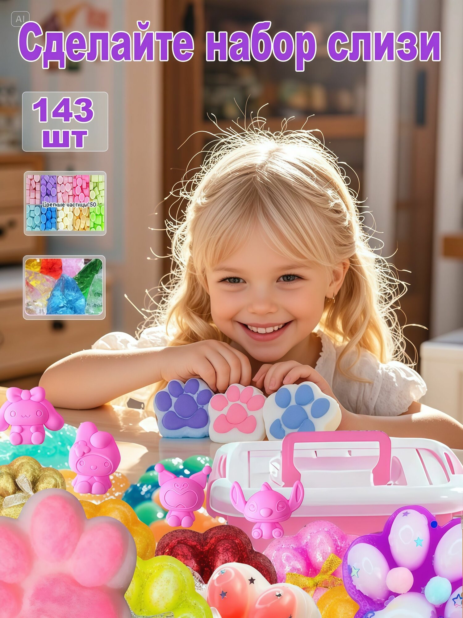 143шт DIY набор для слайма с контейнером : развивающая игрушка для детей 5+ из безопасных материалов, антистресс для взрослых