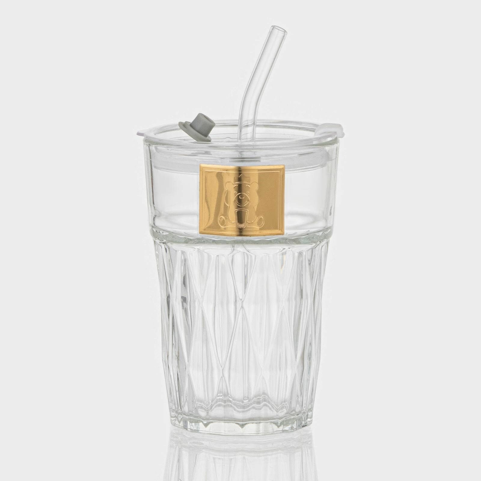 Стакан стеклянный с крышкой и трубочкой Крона , 400 мл, 4 шт