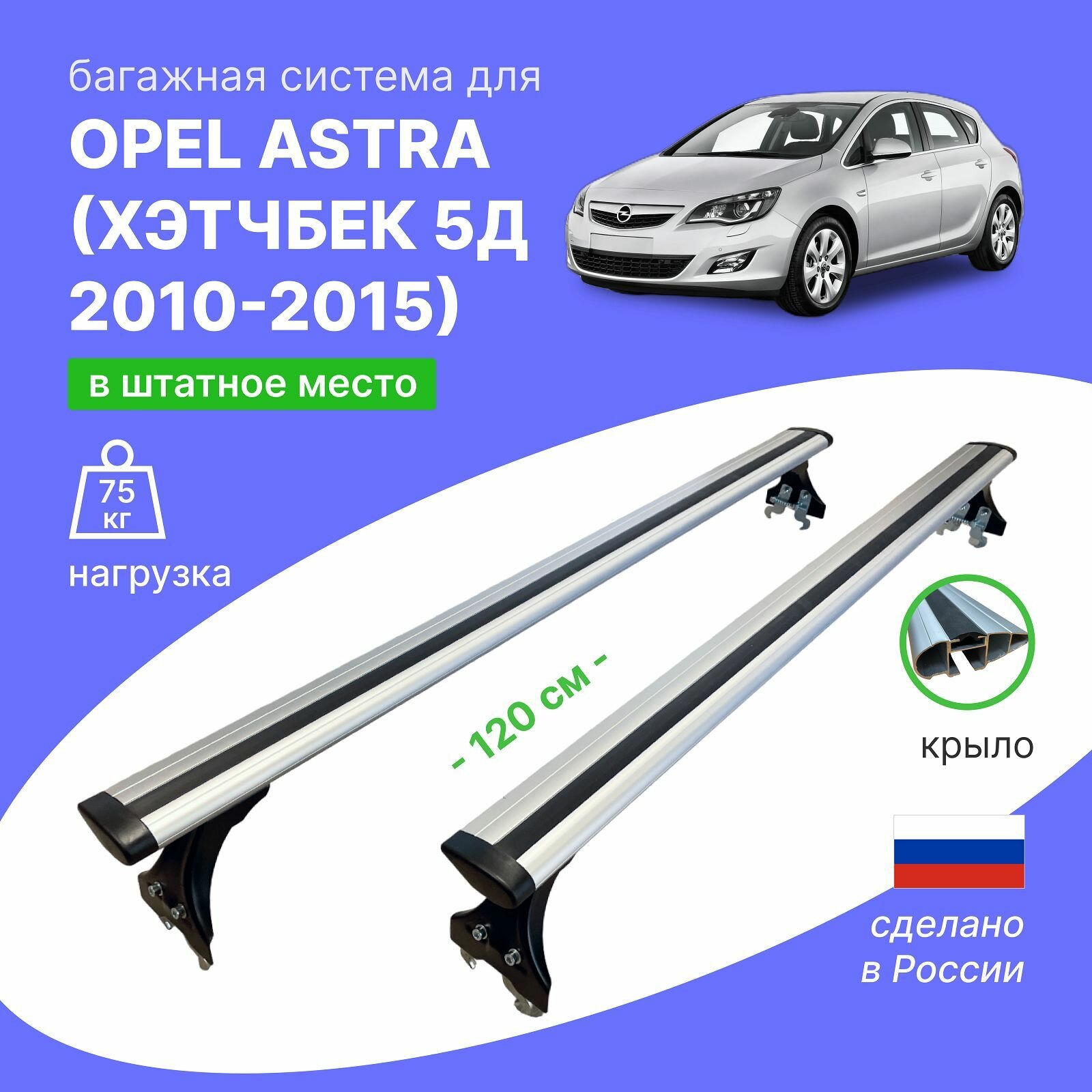 Багажник Delta крыло silver, на крышу автомобиля Opel Astra (Опель Астра хэтчбек 5д 2010-2015) в штатное место