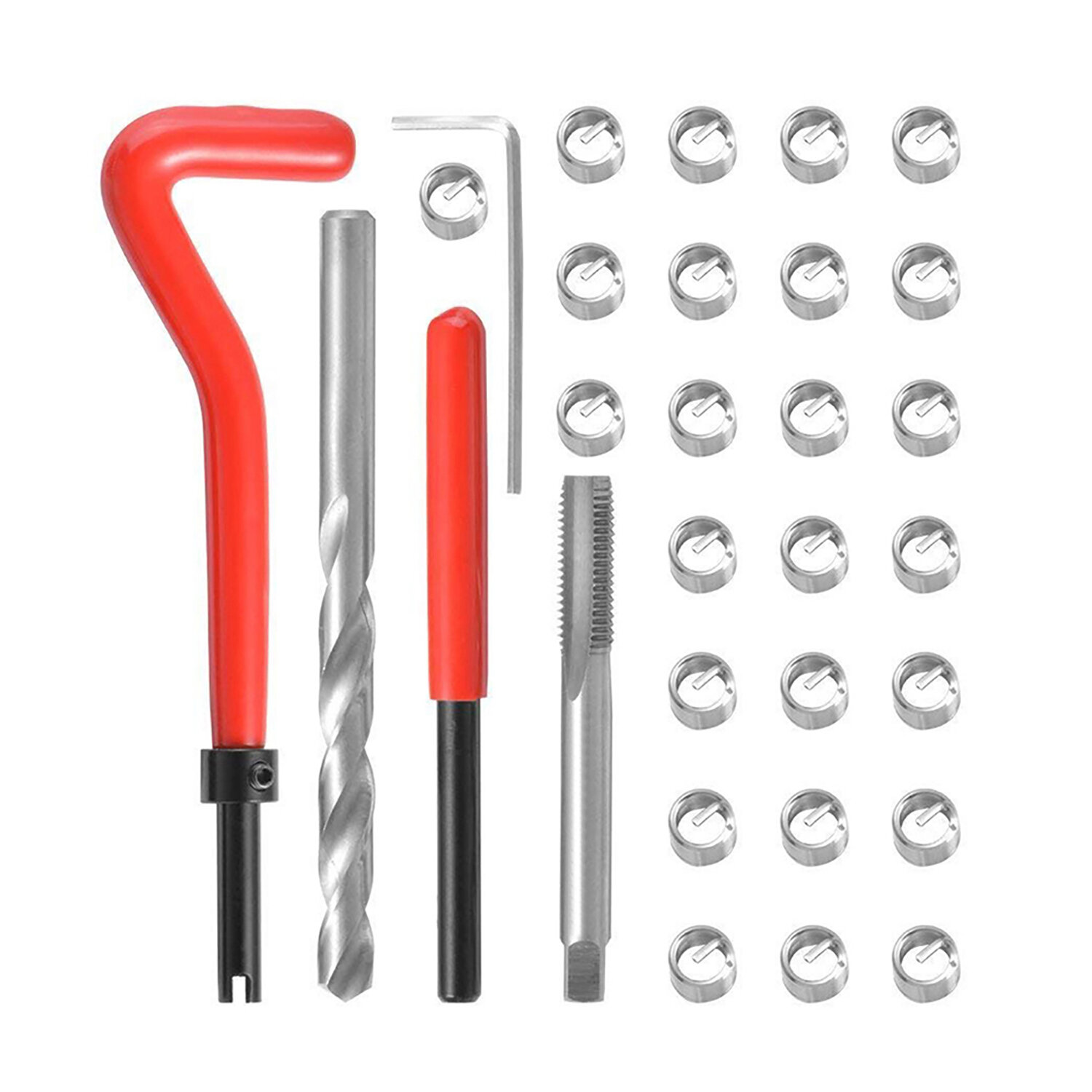 Набор для ремонта резьбы метрической 30шт Helicoil M3 M4 M7 M9 M11 инструмент для автомобилей M7*1 сталь серебристый 25 резьб размер упаковки 18*12*3см вес 150г