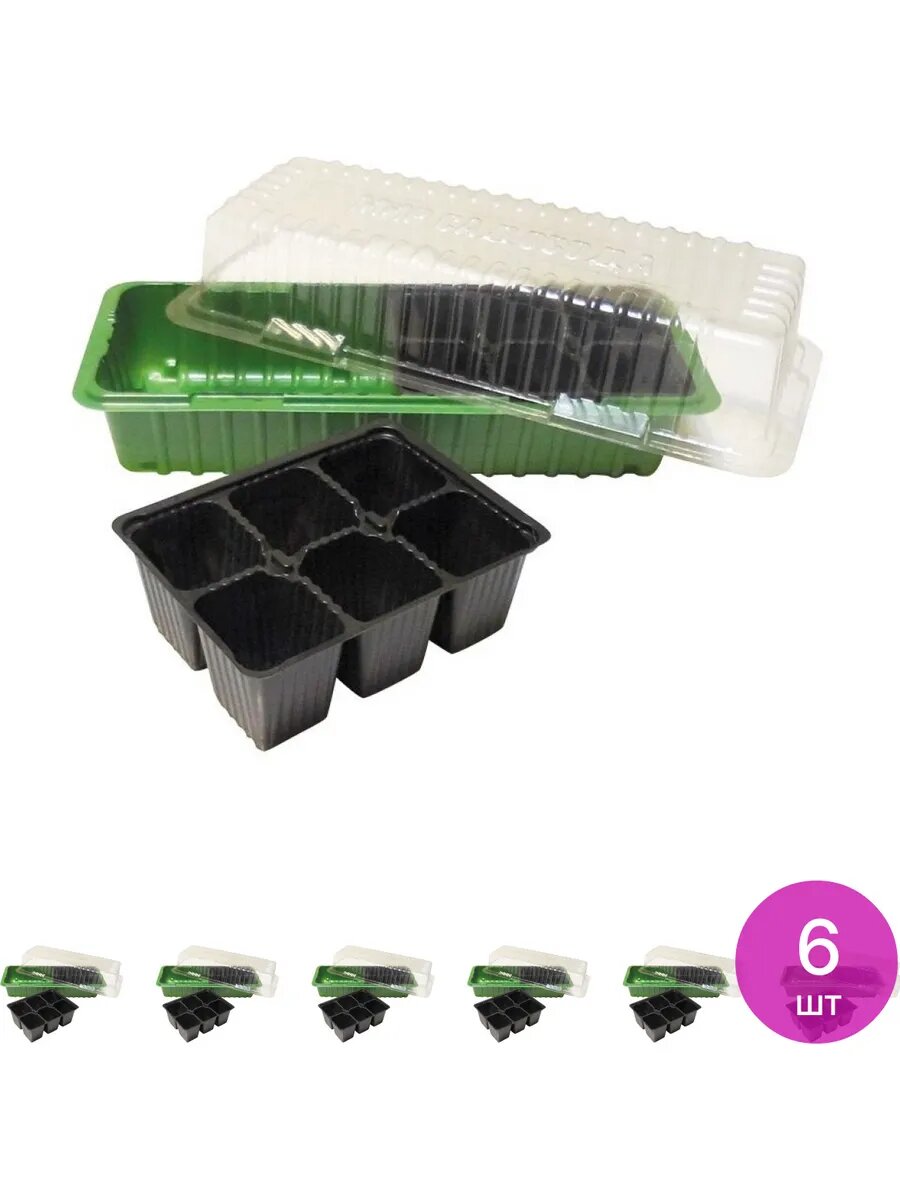 Мини парник с крышкой, 2 вставки, 39х16х6см, 12 ячеек, 6 шт