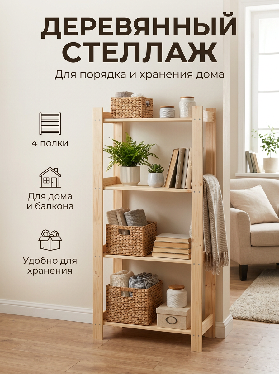 Стеллаж GREENKA HOME, дерево, открытый, 4 регулируемые полки