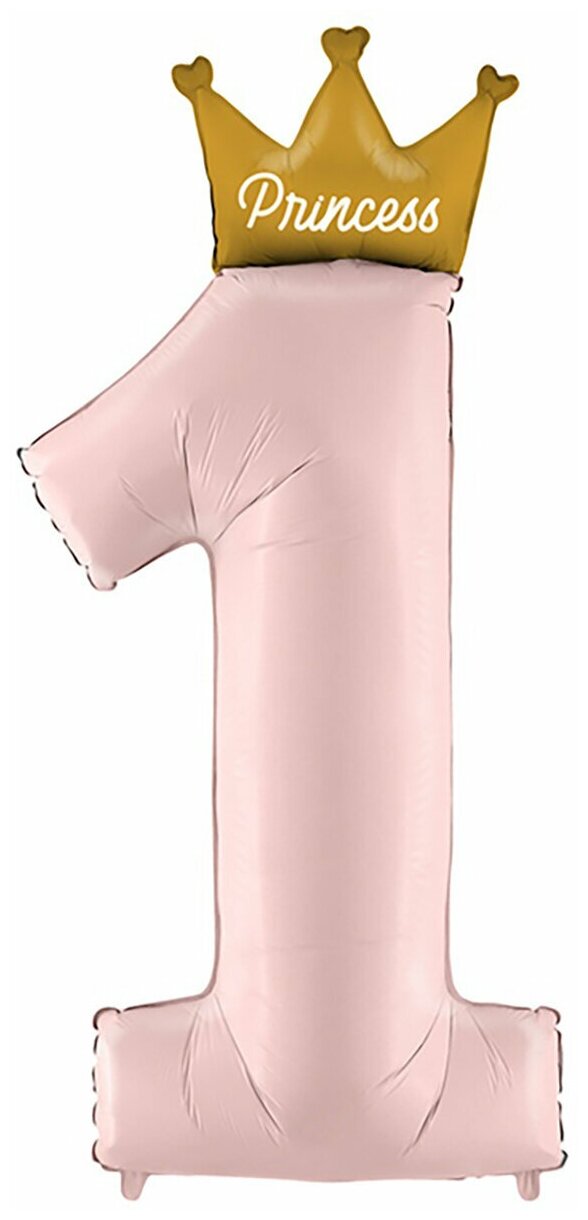 Воздушный шар фольгированный Riota Корона золотая, Принцесса, Цифра 1, розовая, 117 см