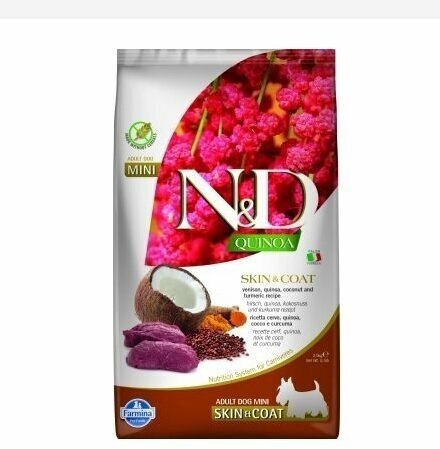 Сухой корм Farmina N&D Quinoa Skin&Coat Venison Adult Mini, для взрослых собак маленьких пород, здоровье кожи и шерсти, беззерновой, оленина, киноа и кокос, 2,5 кг