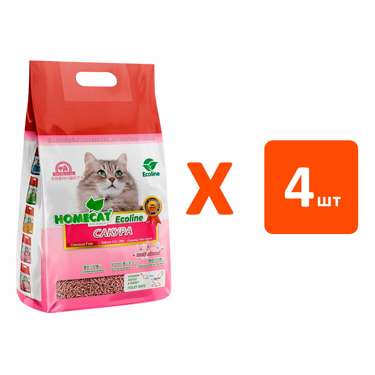 HOMECAT эколайн сакура наполнитель комкующийся для туалета кошек (12 л х 4 шт)