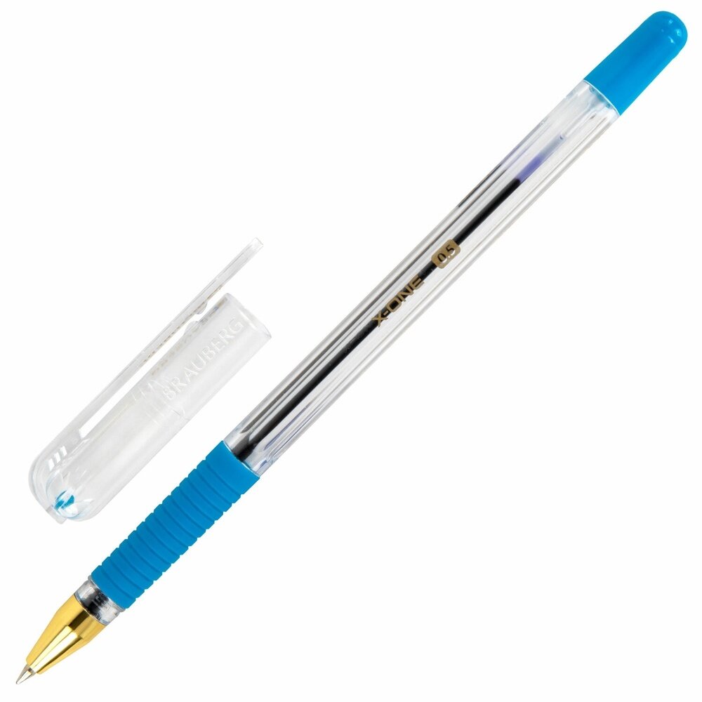 Ручки шариковые Brauberg с грипом "X-One" 10 шт, синие, корпус прозрачный, узел 0,5 мм, линия письма 0,35 мм (143990)