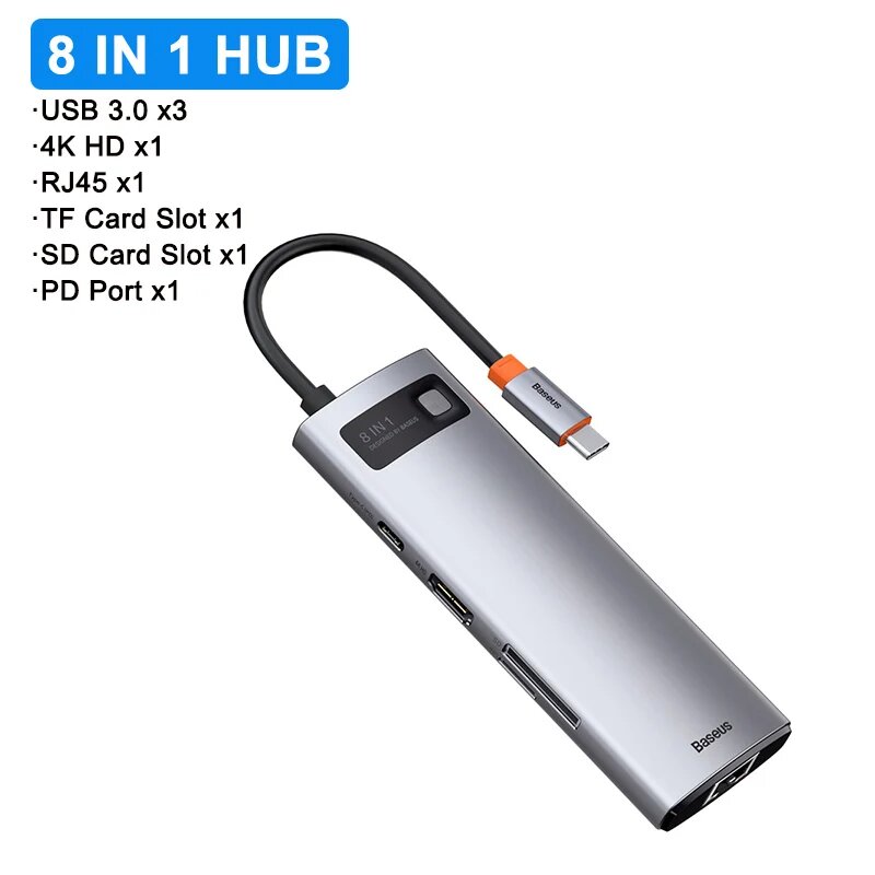 Baseus USB-C хаб 8 в 1 с HDMI, RJ45, USB 3.0, PD