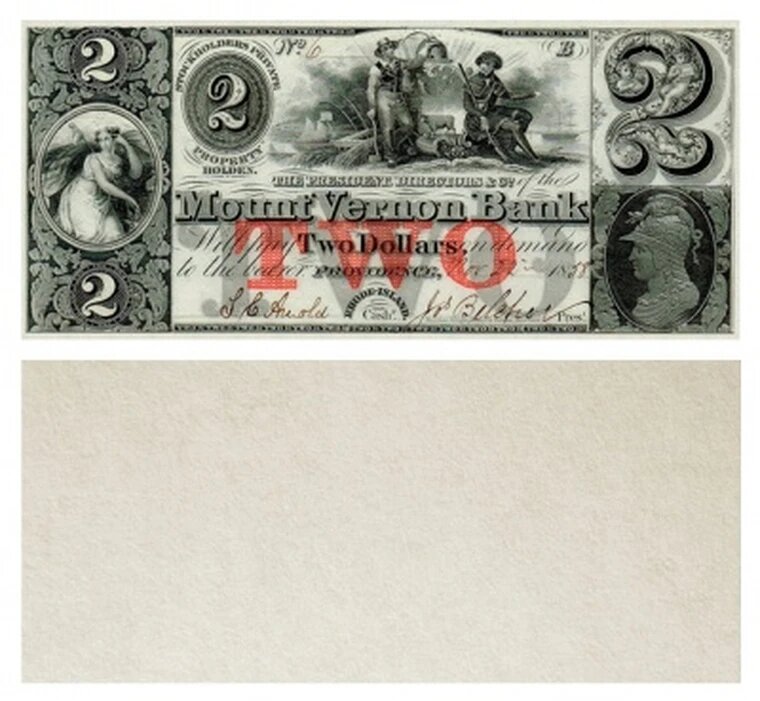 2 доллара 1858 США, банк Маунт-Вернон, сувенирная копия, банкноты и купюры редкие коллекционные