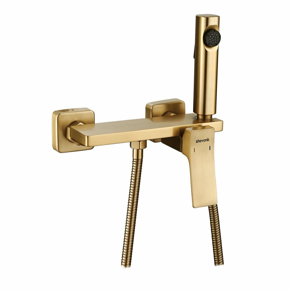 Cмеситель с гигиенической лейкой и шлангом Shevanik S6105G-1 золотой сатин