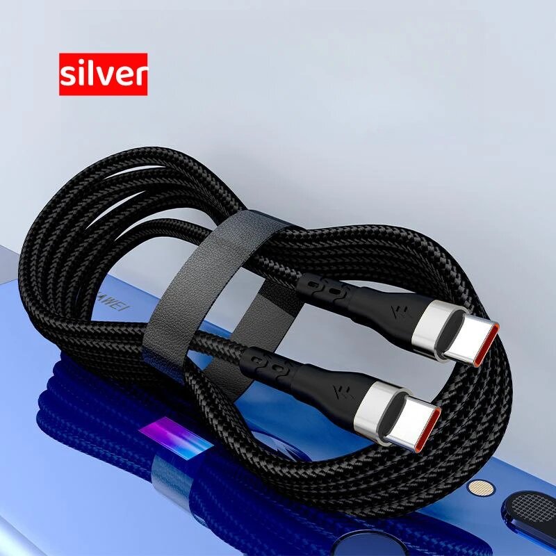 120 Вт Тип C Кабель для быстрой зарядки Тип C к Тип C Провод Шнур для Samsung S23 Huawei 1 м, Silver