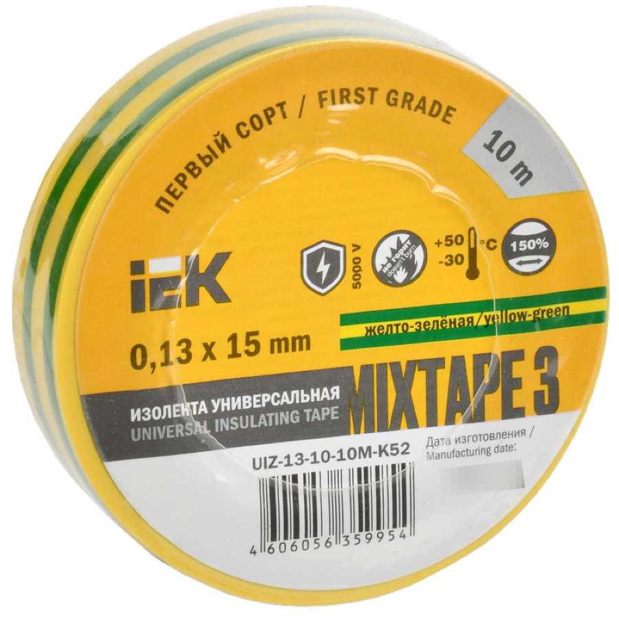 Изолента ПВХ IEK / ИЭК MIXTAPE 3 0.13х15мм, желто-зеленая 10м, UIZ-13-10-10M-K52 / защитная лента