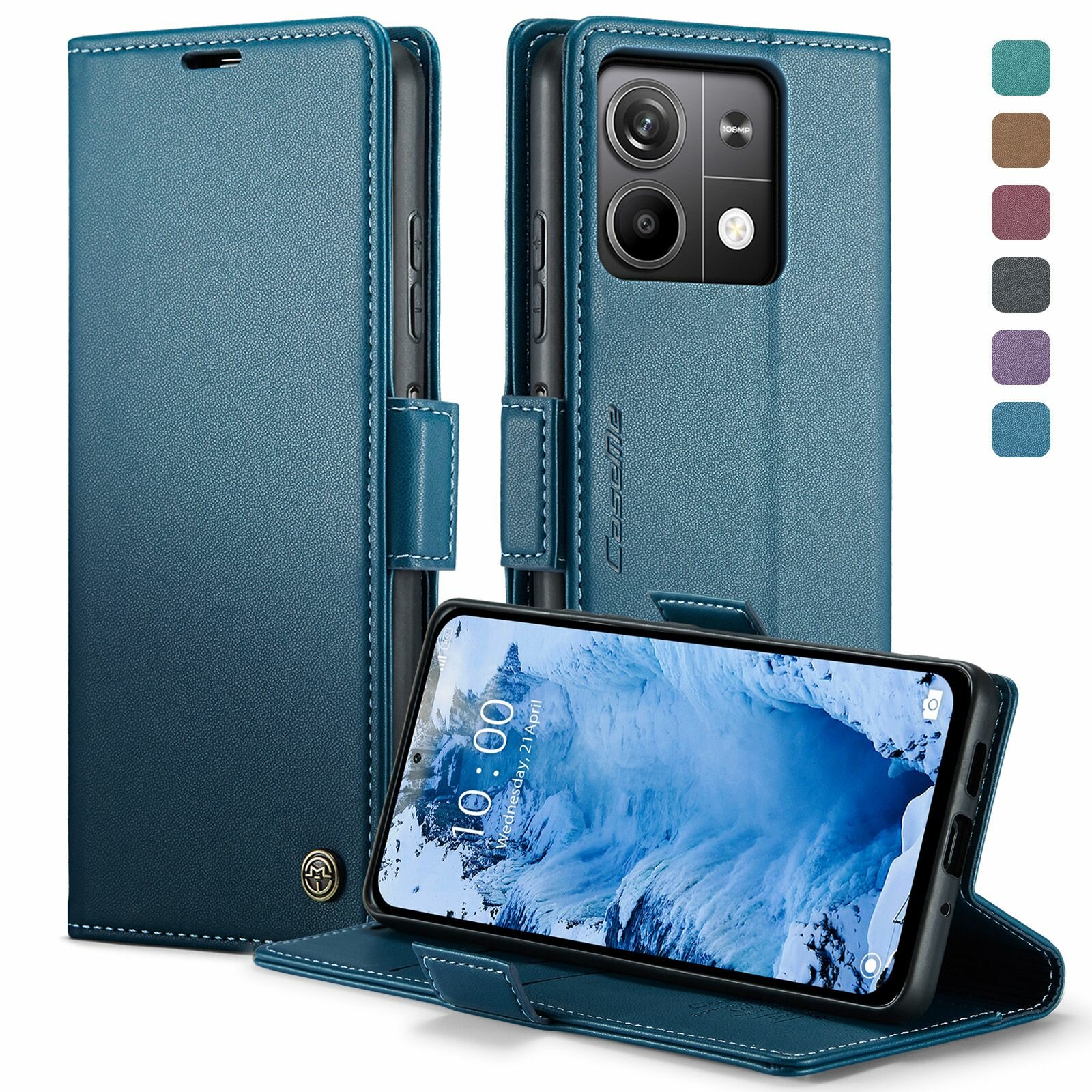 CaseMe Кожаный чехол для Xiaomi Redmi Note 13 4G / Редми Нот 13 4G RFID-блокировка, магнитная застежка, держатель для карт, подставка, противоударная, новинка