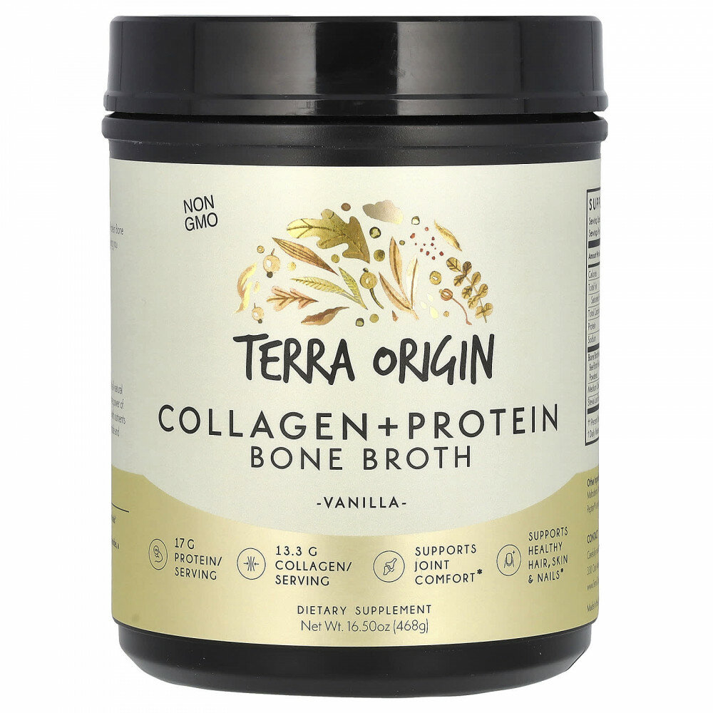 Terra Origin, Костный бульон с коллагеном и белком, ваниль, 466 г (16,43 унции)