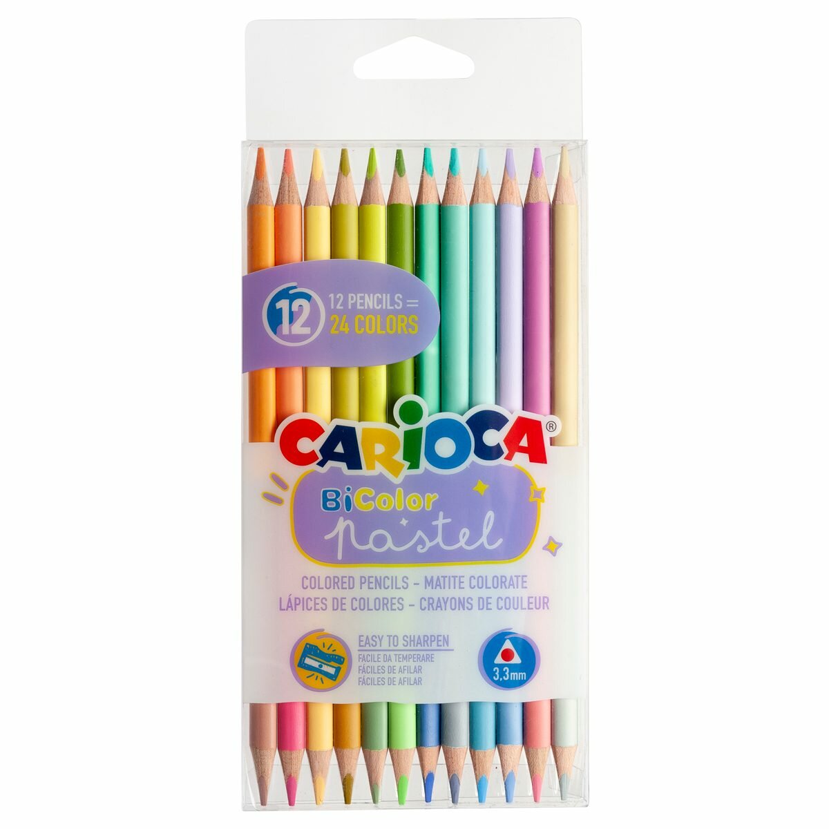 Карандаши цветные 24 цвета Carioca "Bi-Color Pastel" (d=0.5мм, двусторонние, пастель) 12шт, ПВХ (43309), 72 уп.