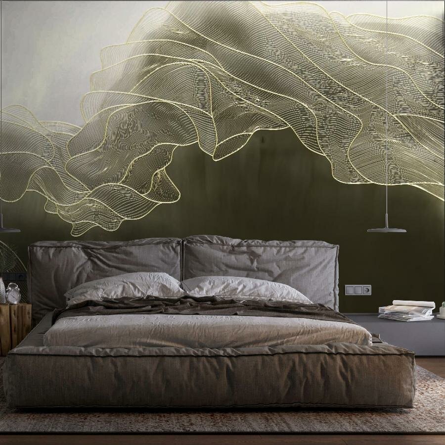 Фотообои Линии золотистые на черном фоне 14-938-S-Флок 270 x 200 см (ВхШ) Бесшовные, флизелиновые, влагостойкие обои