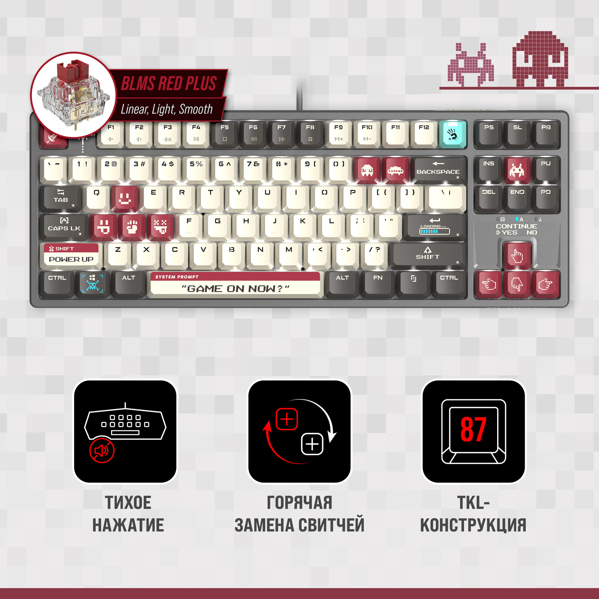 Игровая клавиатура A4Tech Bloody S87 Pixels Red, механическая, серый/белый, USB, RGB
