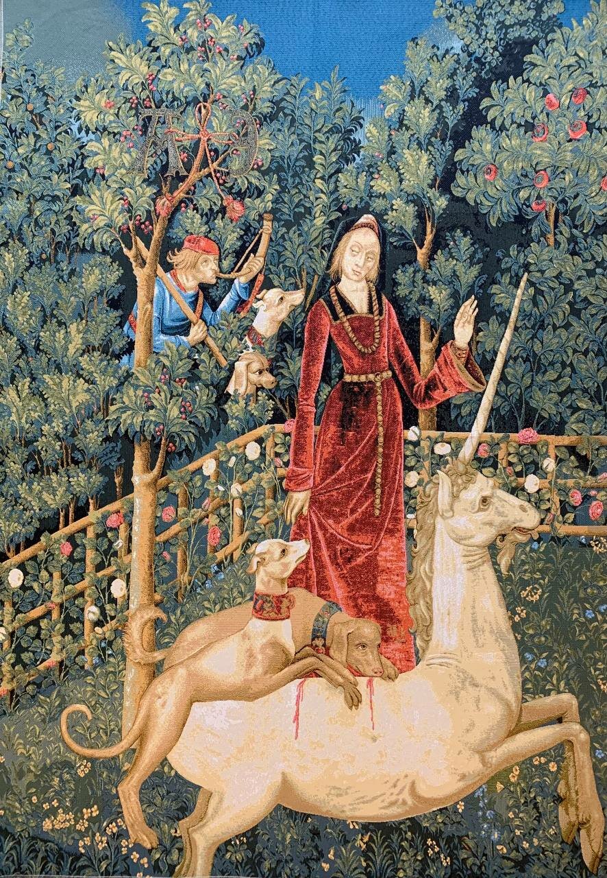 Гобелен, средневековый гобелен без рамы 148х105 см / У. Моррис "Охота на единорога"