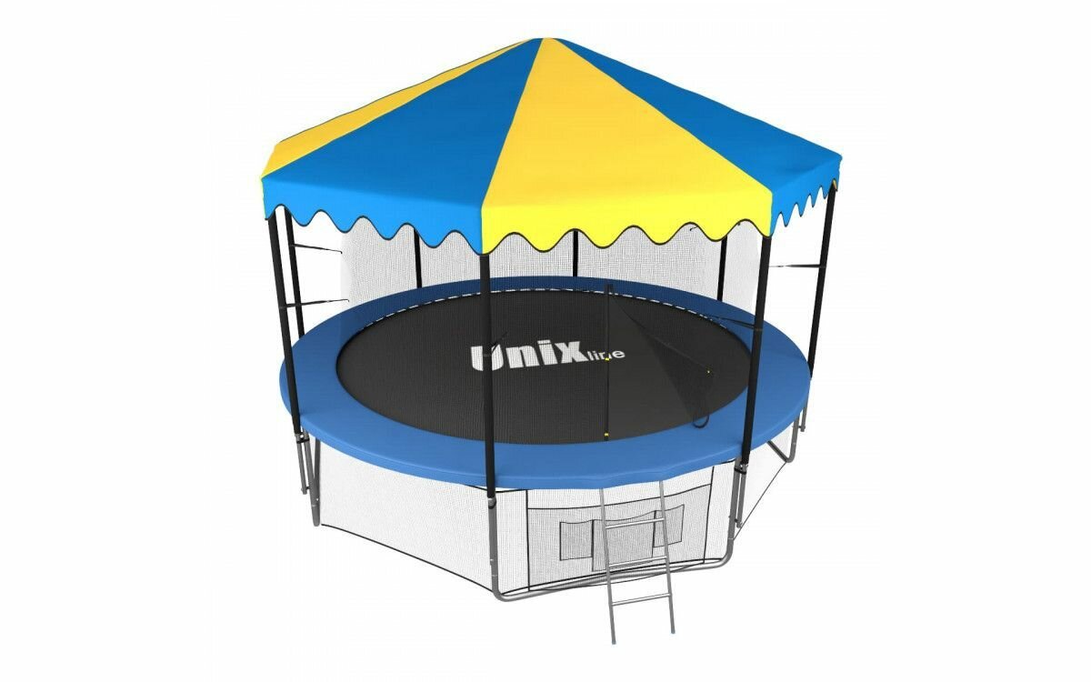 Батут UNIX line Classic 12 ft с крышей синей (внутренняя сетка)