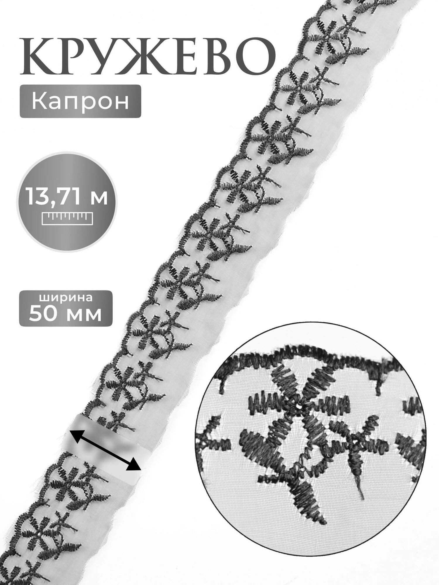 Кружево капроновое для шитья и рукоделия Айрис, 0574-2016, 5см*13,71м (черный)