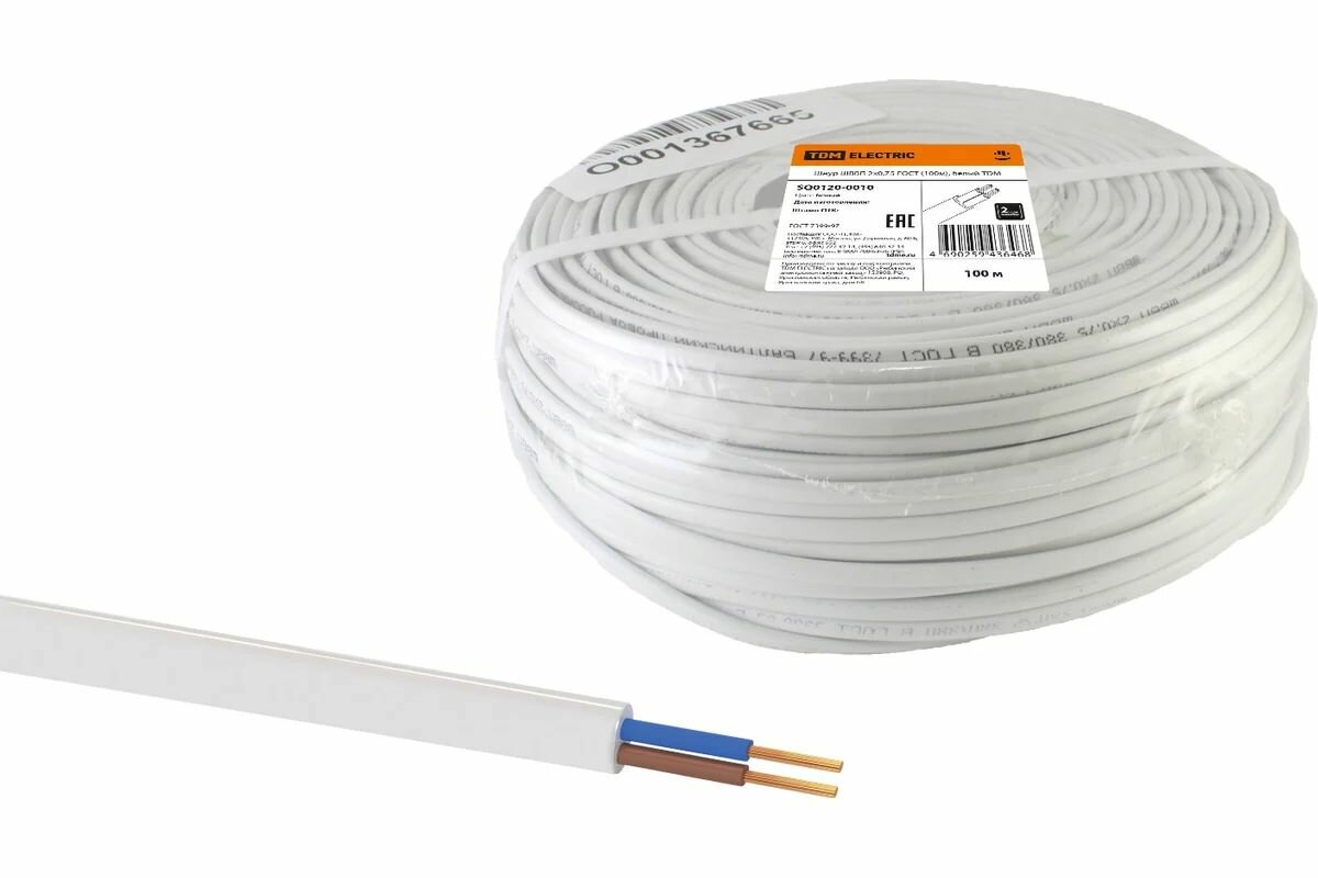 Шнур TDM ШВВП 2х0,75 ГОСТ 100м, белый SQ0120-0010