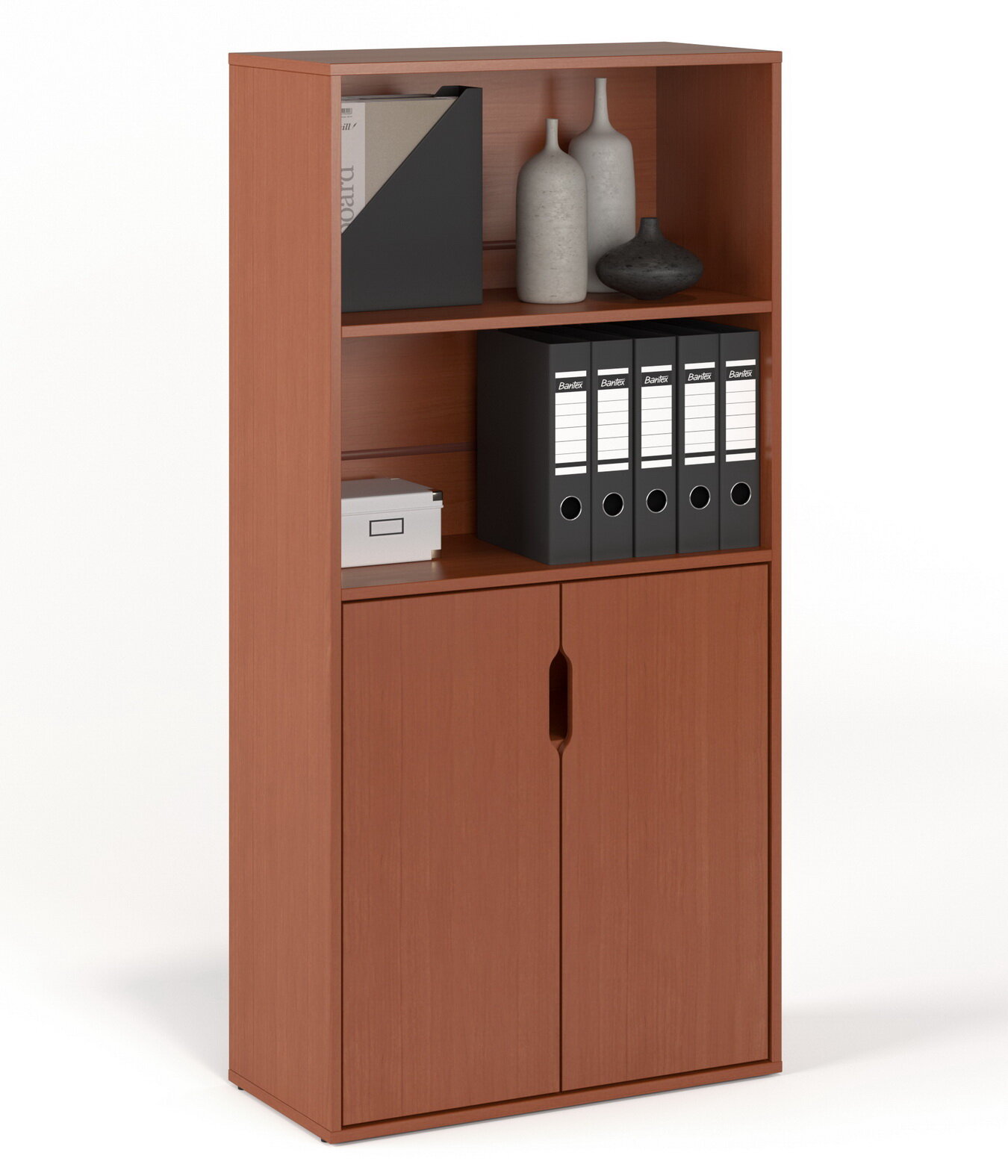 Стеллаж БАНГА-24 Вишня, с дверками и отрытой полкой, (ВхШхГ) 142,6х69,8х32,6 см, ЛДСП