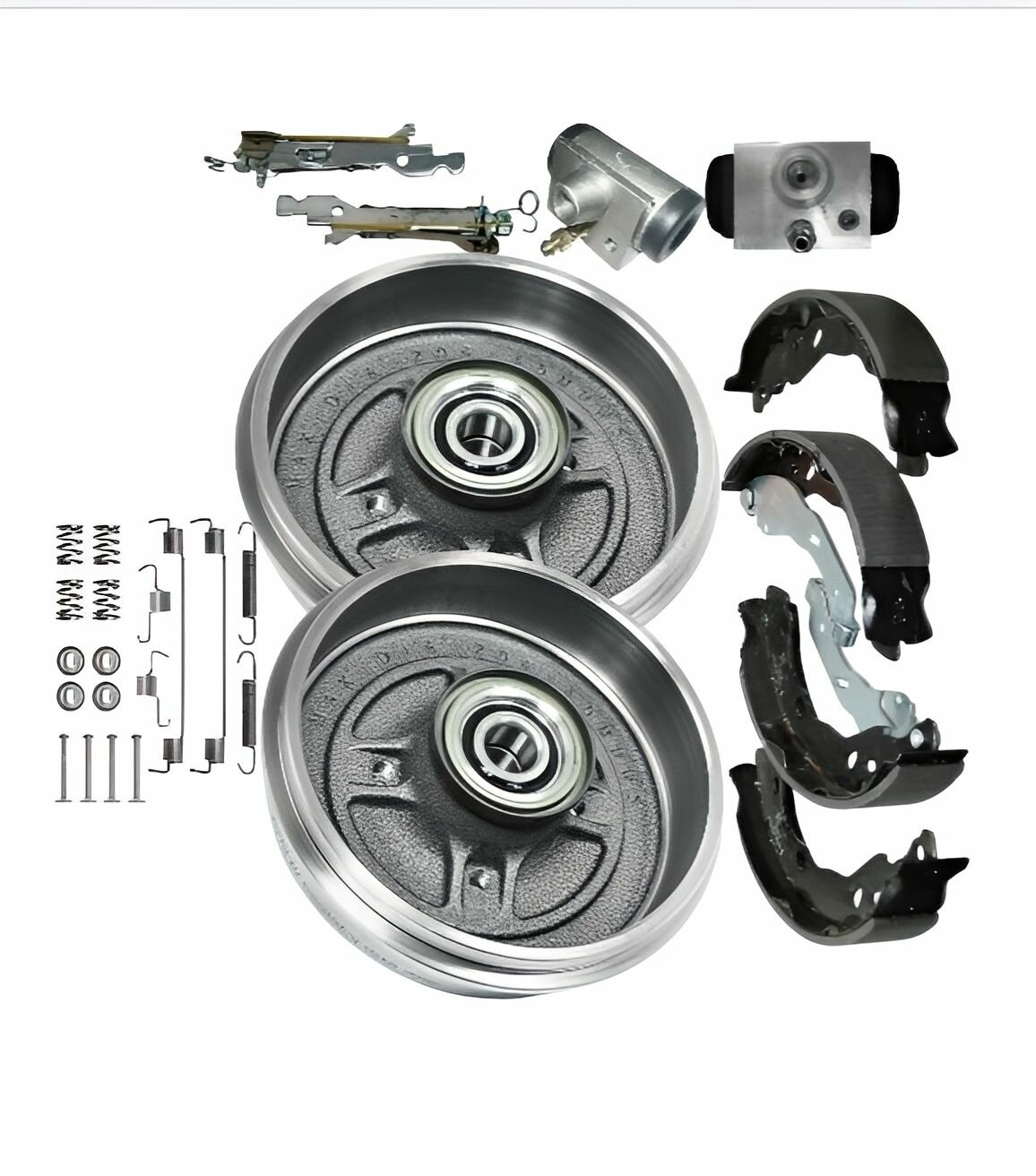 Комплект задних тормозных колодок с распорками, цилиндрами и барабанами на RENAULT Logan 1/2 08-/ Sandero /Sandero Stepway/ LADA Xray