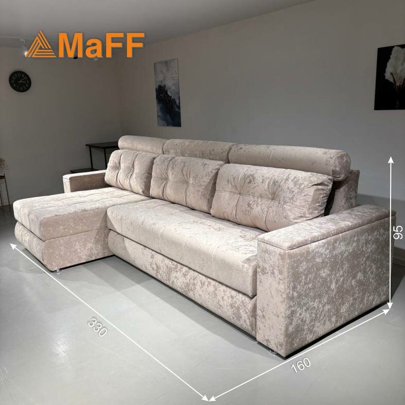 Диван, Диван-кровать Камертон-1 угловой(1.9+0.95), бежевый, механизм еврокнижка, 330х160х95 см