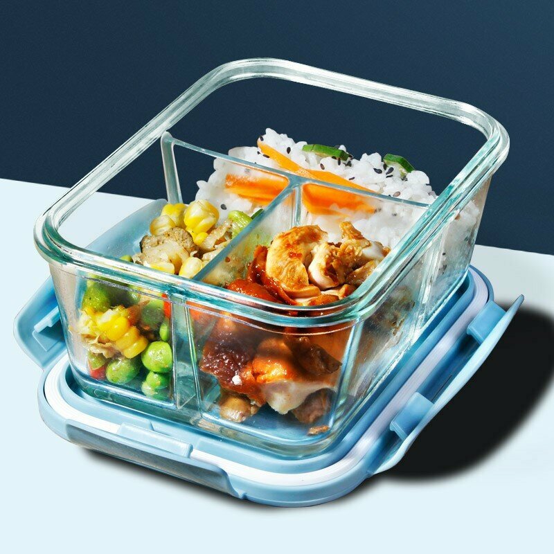 Chuangde Heat-Resistant Glass Food Storage Container, Microwave-Safe Lunch Box, Refrigerator Organizer Bento Bowl, Raised 3-Compartment 1020ml