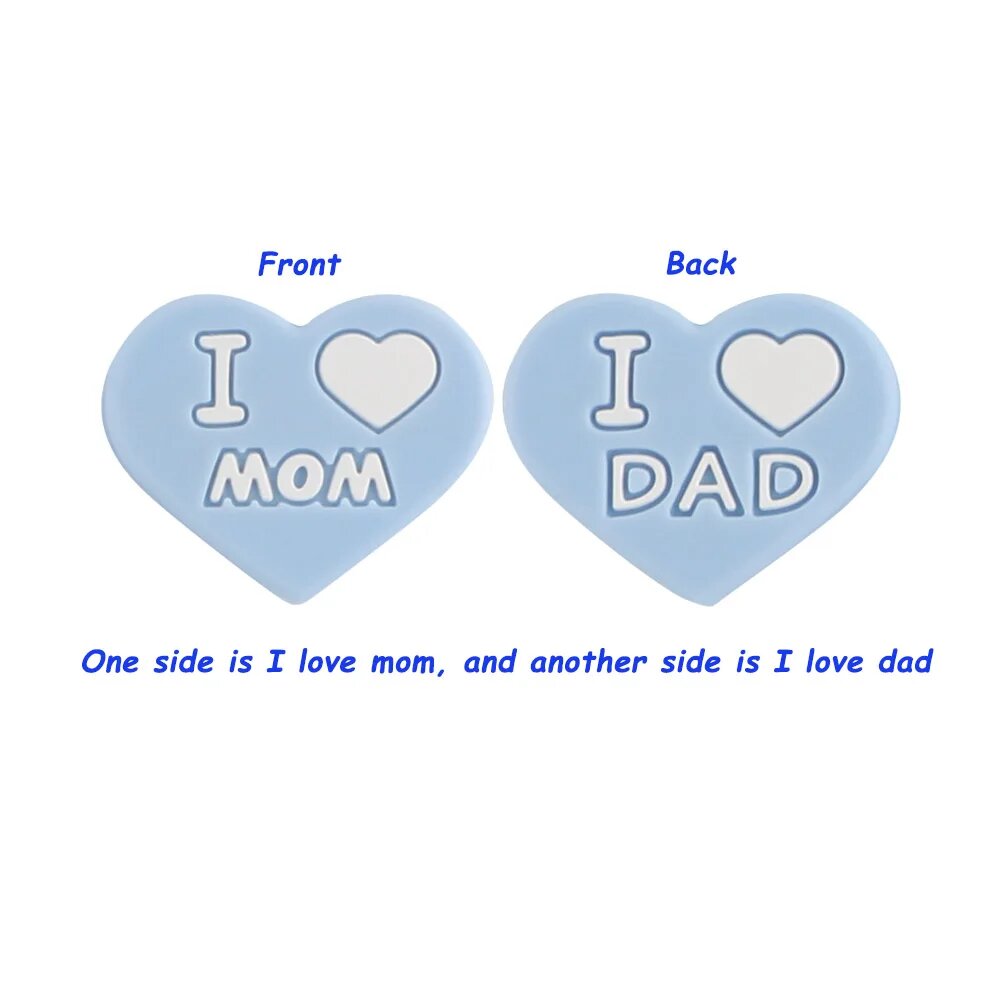Силиконовые бусины сердце I LOVE MOM/DAD, голубые, 10шт