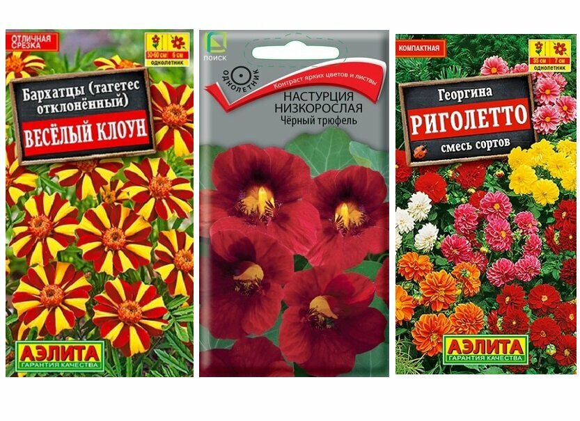 Набор семян Разноцветное мерцание (Георгина Риголетто, Настурция Черный трюфель, Бархатцы Веселый Клоун)