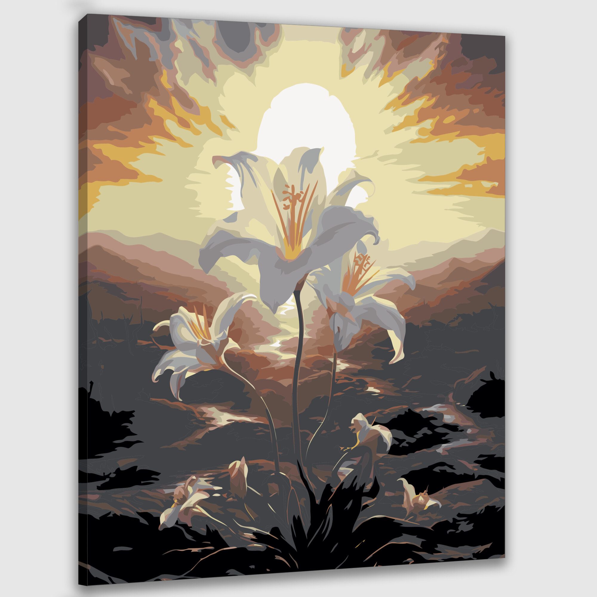 Картина по номерам 40x50 см, картина, масло, восход солнца, золотистое сияние, безмятежный пейзаж, свет, лилия, земля