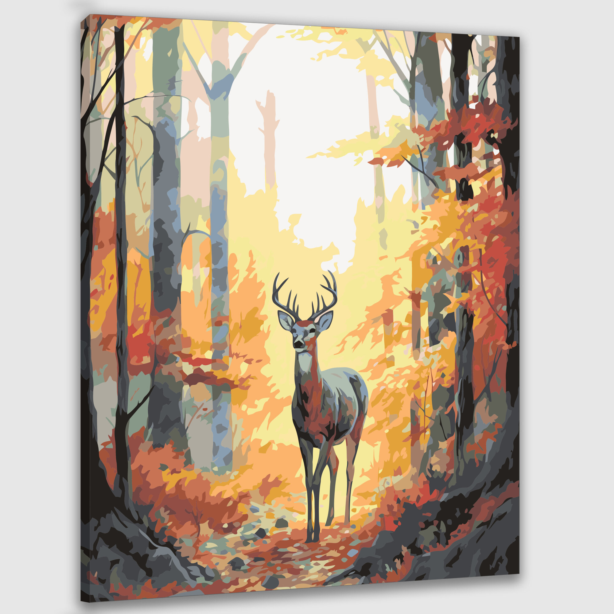Картина по номерам 40x50 см, Олень, уголь, поляна, лес, солнце, деревья, осень, листва, покой, гармония.