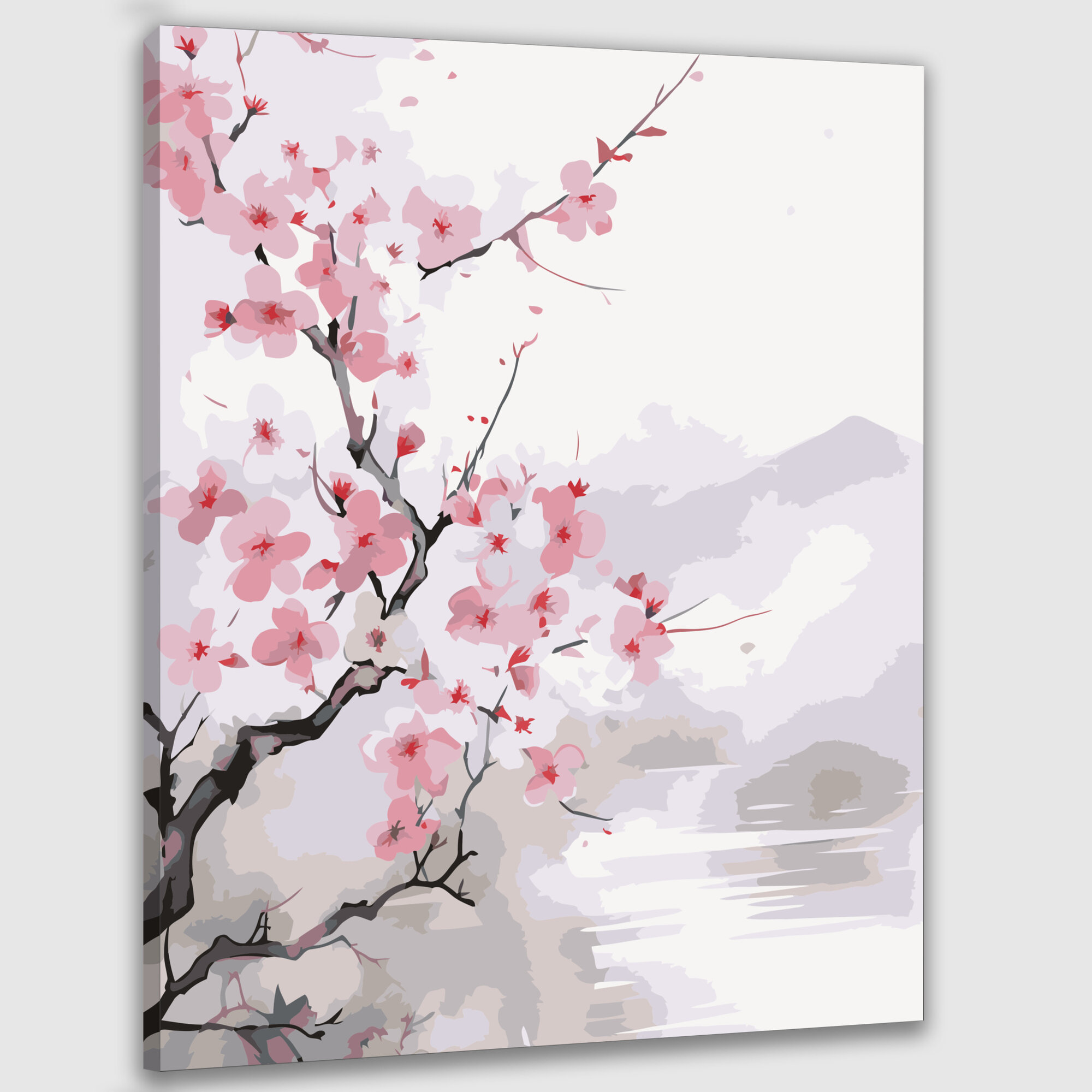 Картина по номерам 40x50 см, акварельная иллюстрация, сакура, бамбук, японский пейзаж, нежные штрихи, яркие цвета