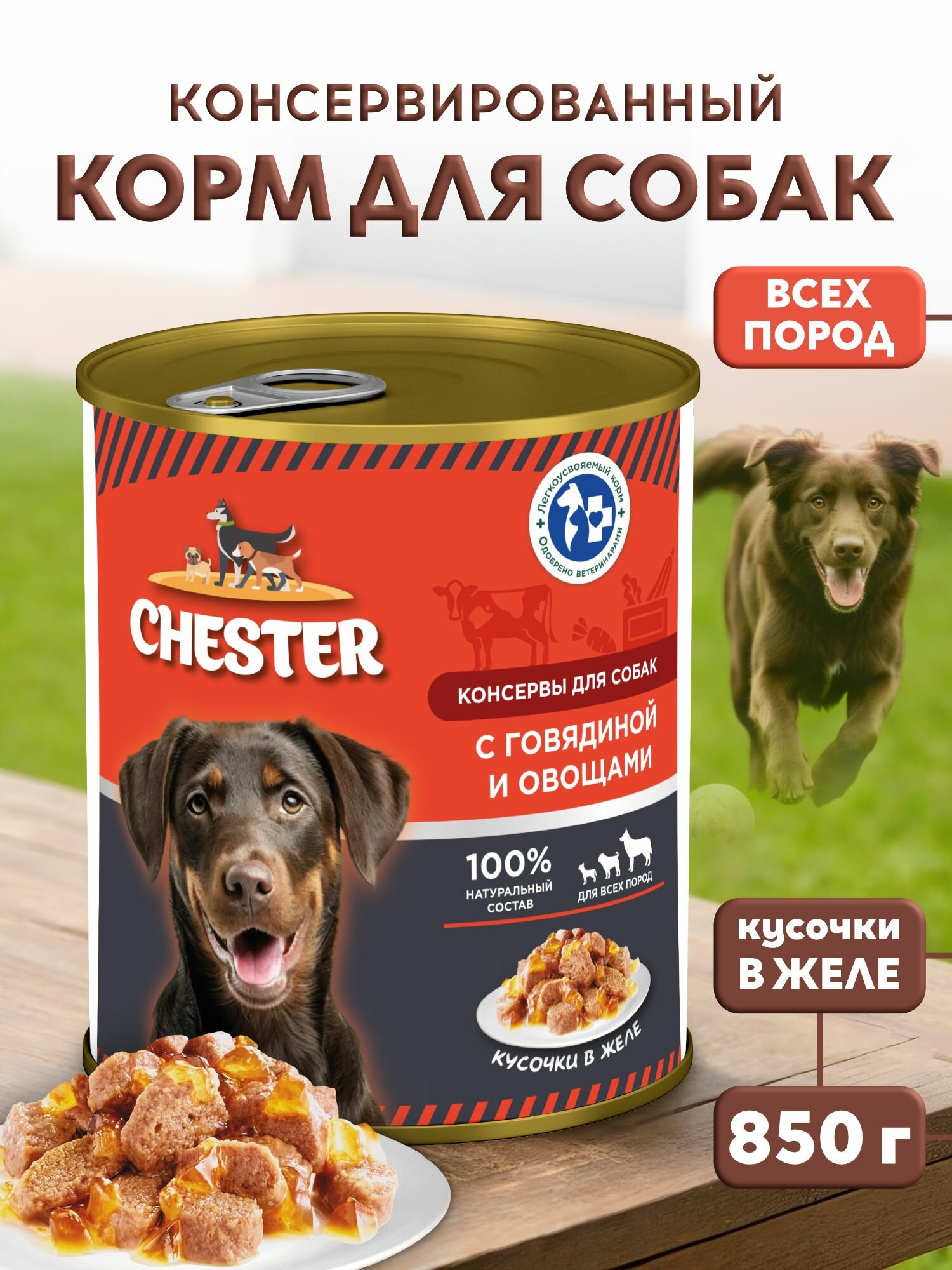 Влажный корм кусочки в желе CHESTER для всех пород с говядиной и овощами 850 г