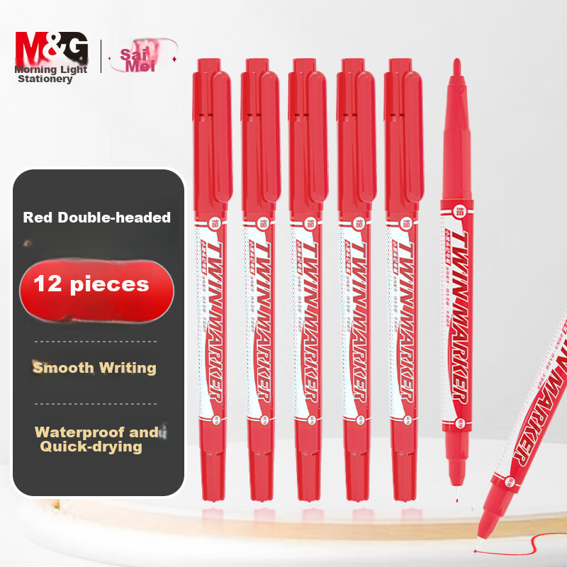 M&G Stationery, Red Dual-Tip Marker Pen, Waterproof Marker Pen, Oil-Based Pen, Children's Student Outlining Pen, Office Supplies, 12 Pcs XPMV7403
