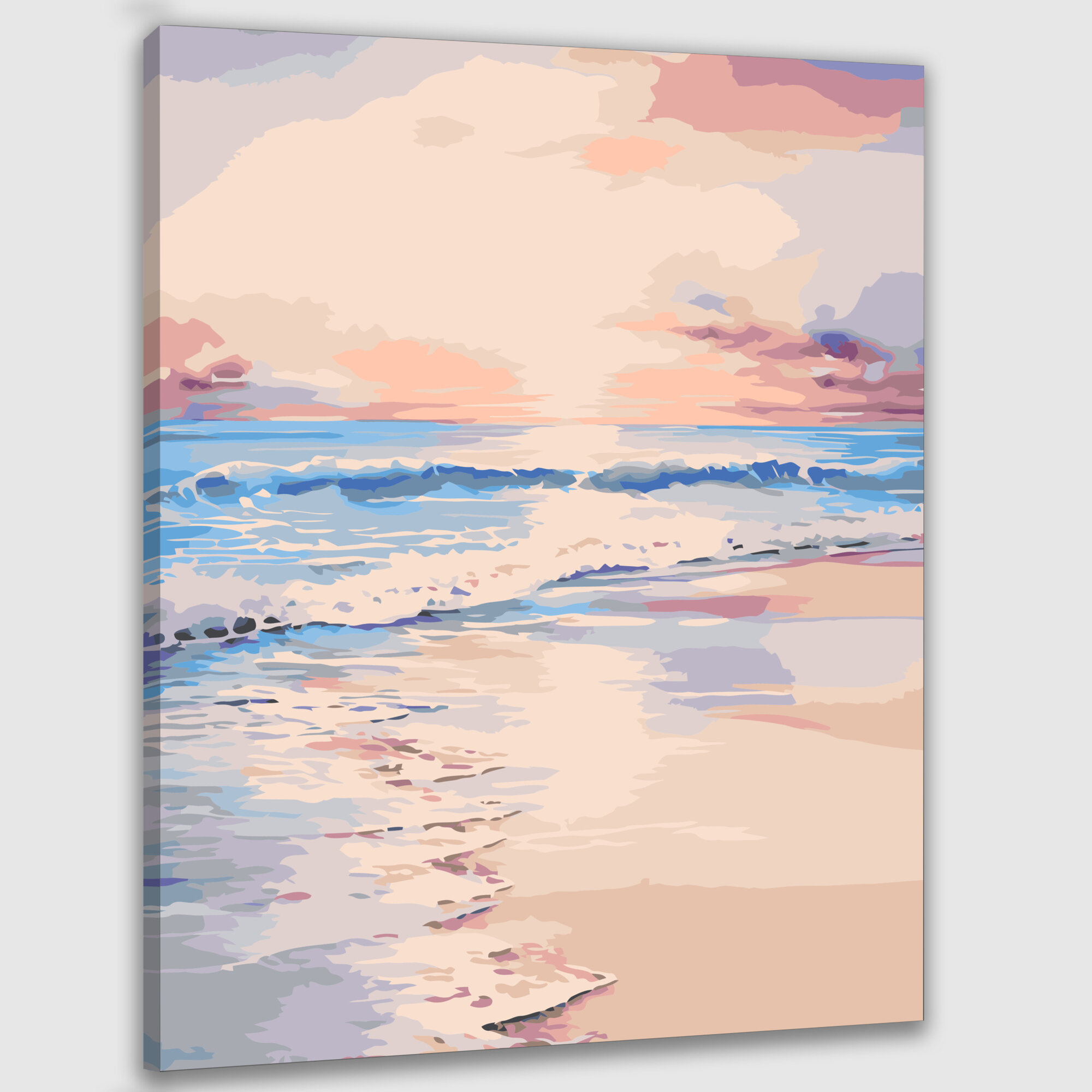 Картина по номерам 40x50 см, акварельная картина, море, рассвет, волны, песчаный пляж, розовый, оранжевый, фиолетовый