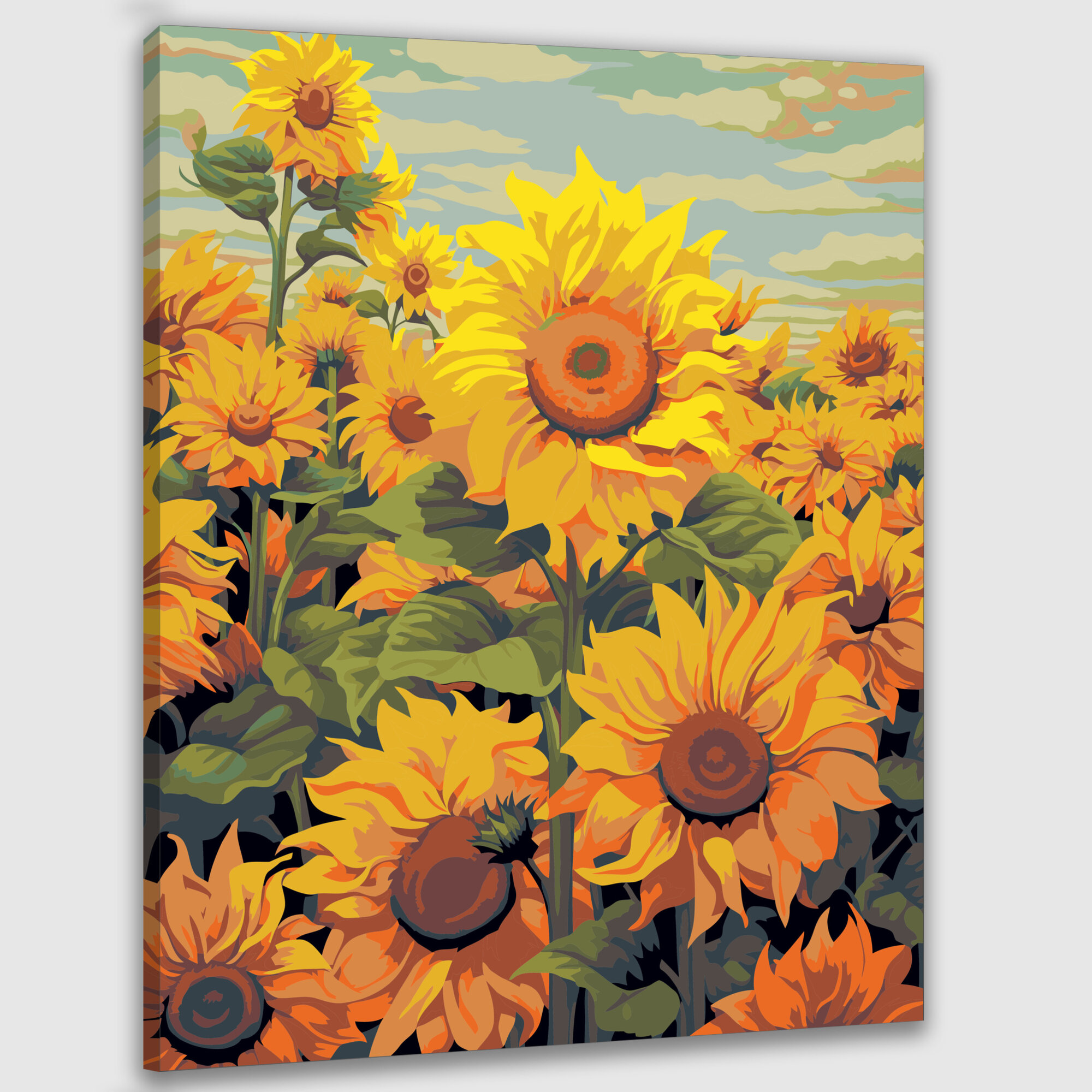 Картина по номерам 40x50 см, акриловая картина, залитое солнцем поле, подсолнухи, желтые лепестки, движение, глубина