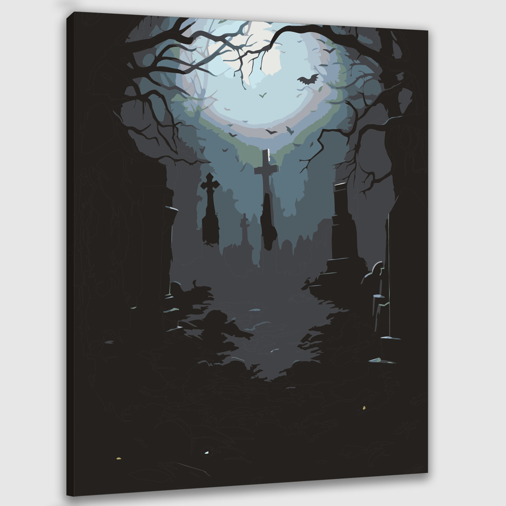 Картина по номерам 40x50 см, ключевые слова: цифровая, жуткое кладбище, полночь, туман, мягкое сияние полной луны