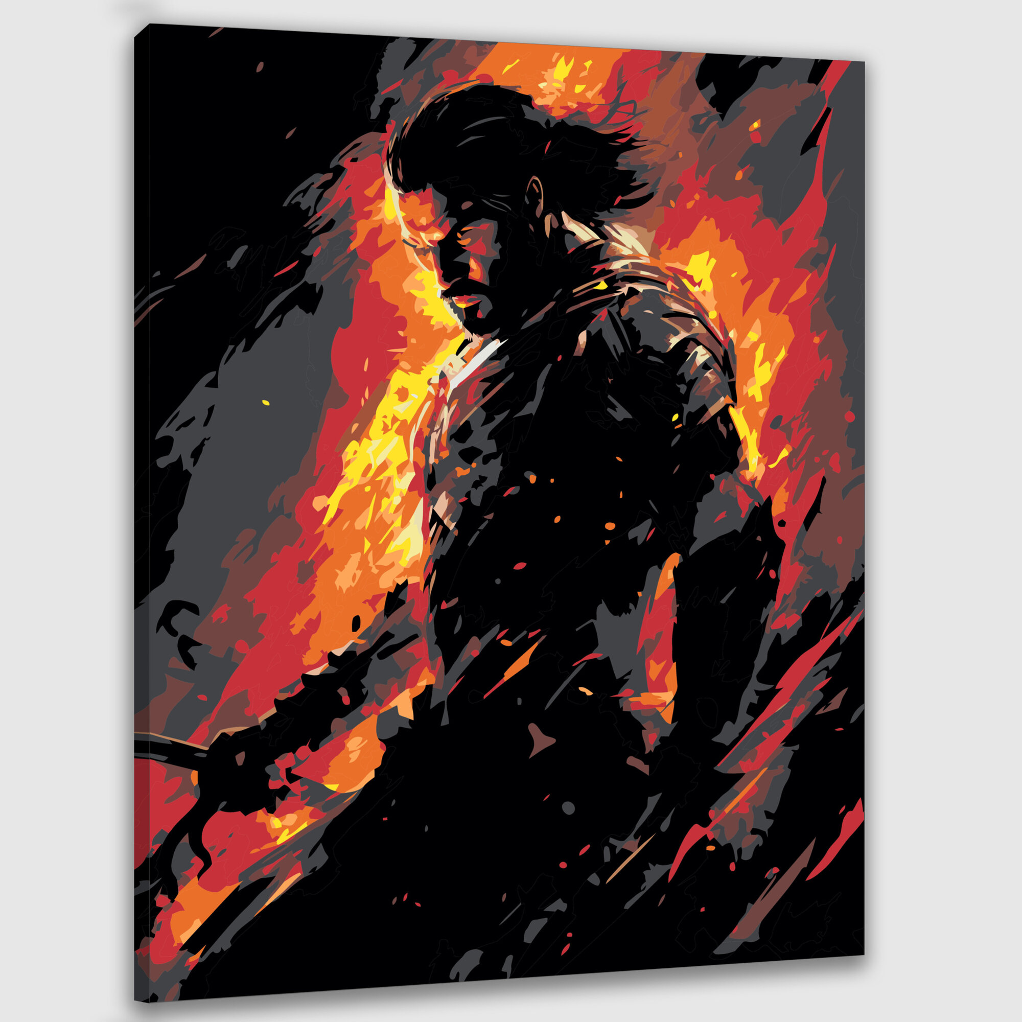 Картина по номерам 40x50 см, воин, битва, меч, решимость, ярость, глаза, цветовая палитра, тени, освещение, лезвие