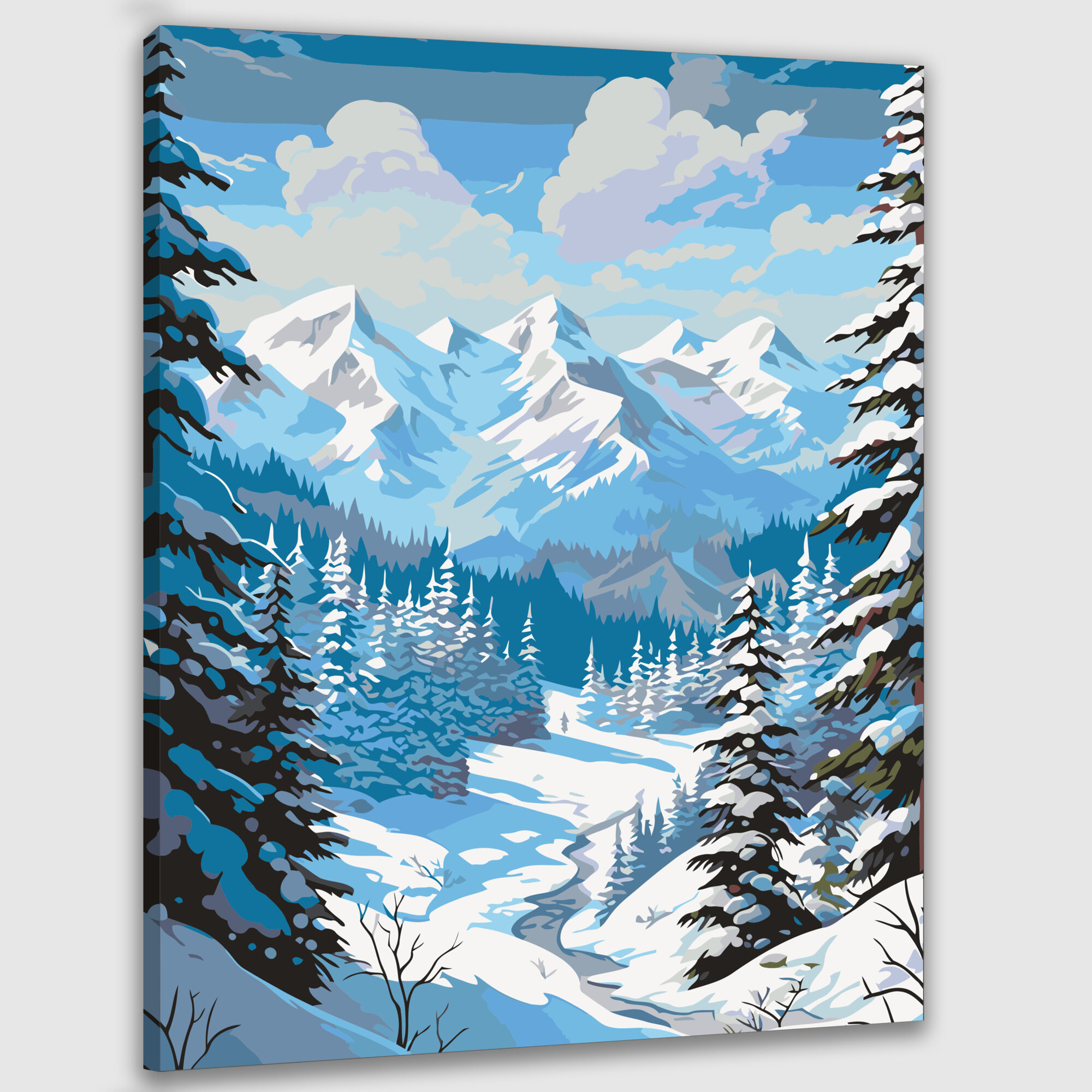 Картина по номерам 40x50 см, горы, снег, небо, лес, сосны, сосульки, свет, тени, земля, зима, спокойствие, волшебство