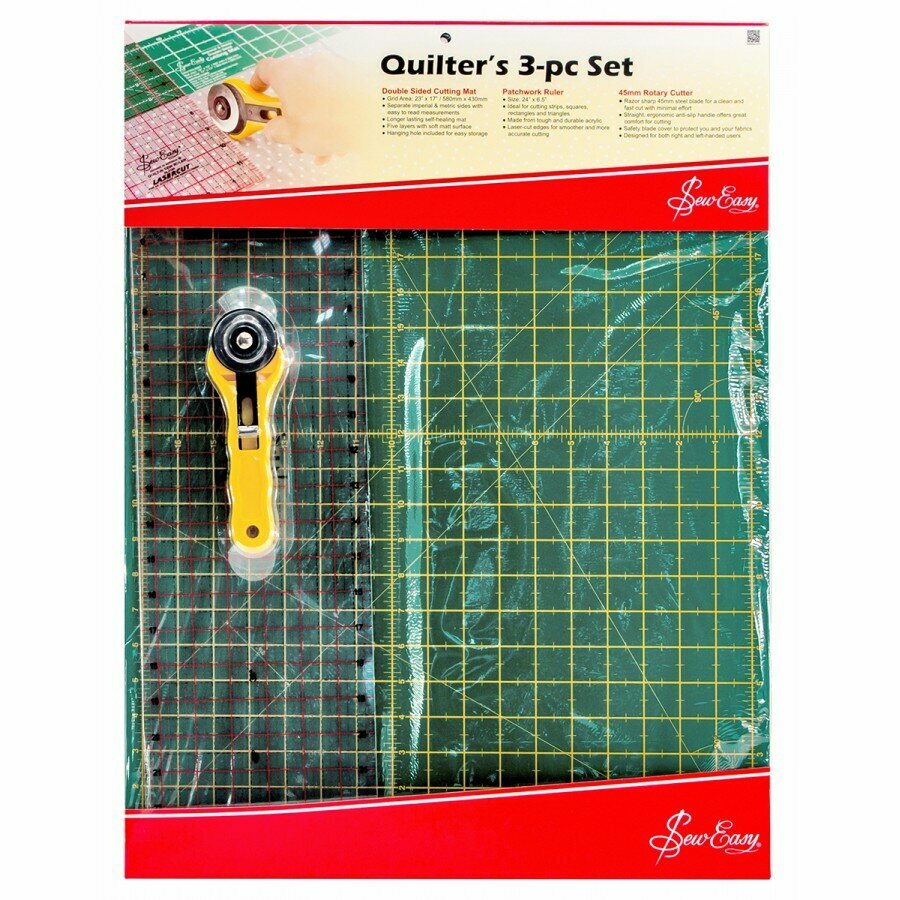 Набор для пэчворка: мат двусторонний 58 х 43 cм/23 х 17, линейка 24 х 6 1/2, нож раскройный 45 мм 600 х 450 мм мат зеленый/красный, нож желтый, линейка прозрачная с красной разметкой HEMLINE ER4104