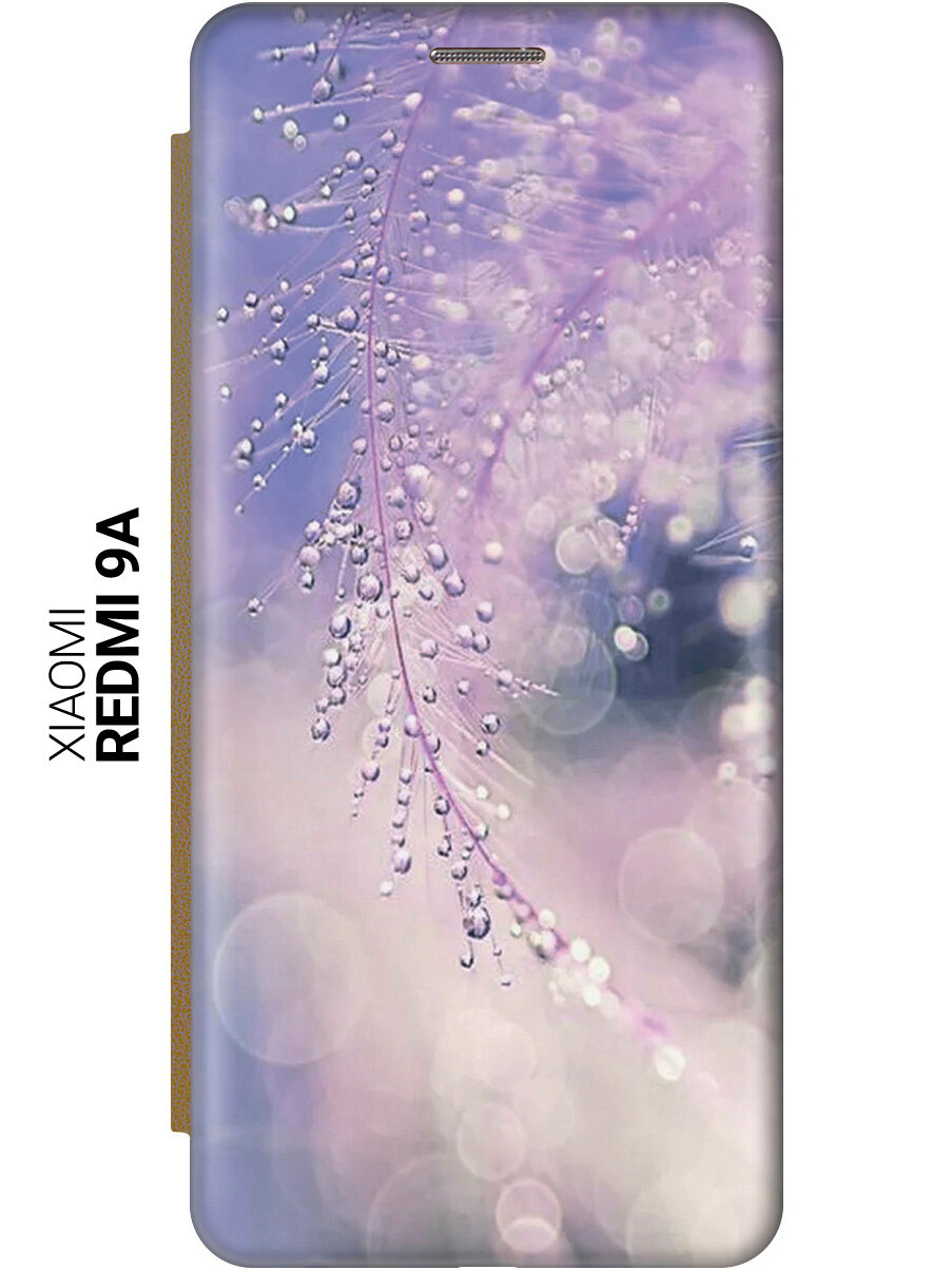 Чехол-книжка на Xiaomi Redmi 9A, Сяоми Редми 9А с 3D принтом "Ветка в капельках" золотой