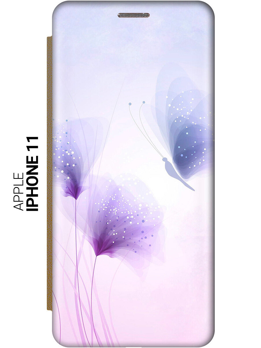 Чехол-книжка на Apple iPhone 11 / Эпл Айфон 11 с рисунком "Бабочка и фиолетовые цветы" золотистый