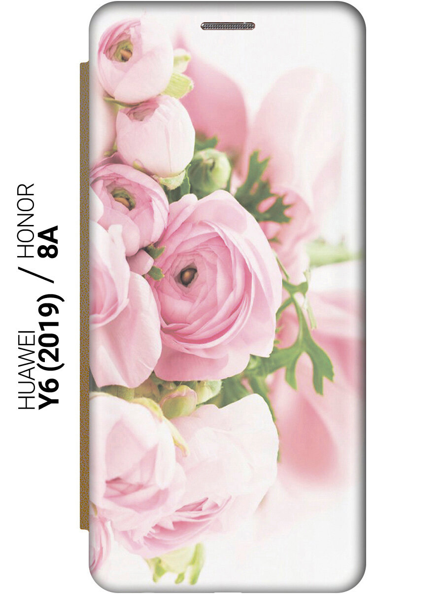 Чехол-книжка на Honor 8A, 8A Pro, Huawei Y6 (2019), Y6 Prime (2019), Хуавей Хонор 8а c принтом "Розовые розы" золотистый