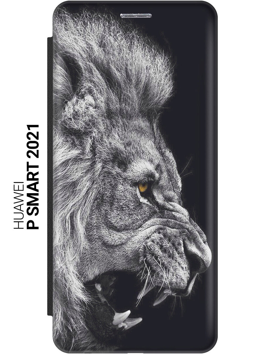 Чехол-книжка на Huawei P Smart (2021), Хуавей П Смарт (2021) с 3D принтом "Морда льва" черный