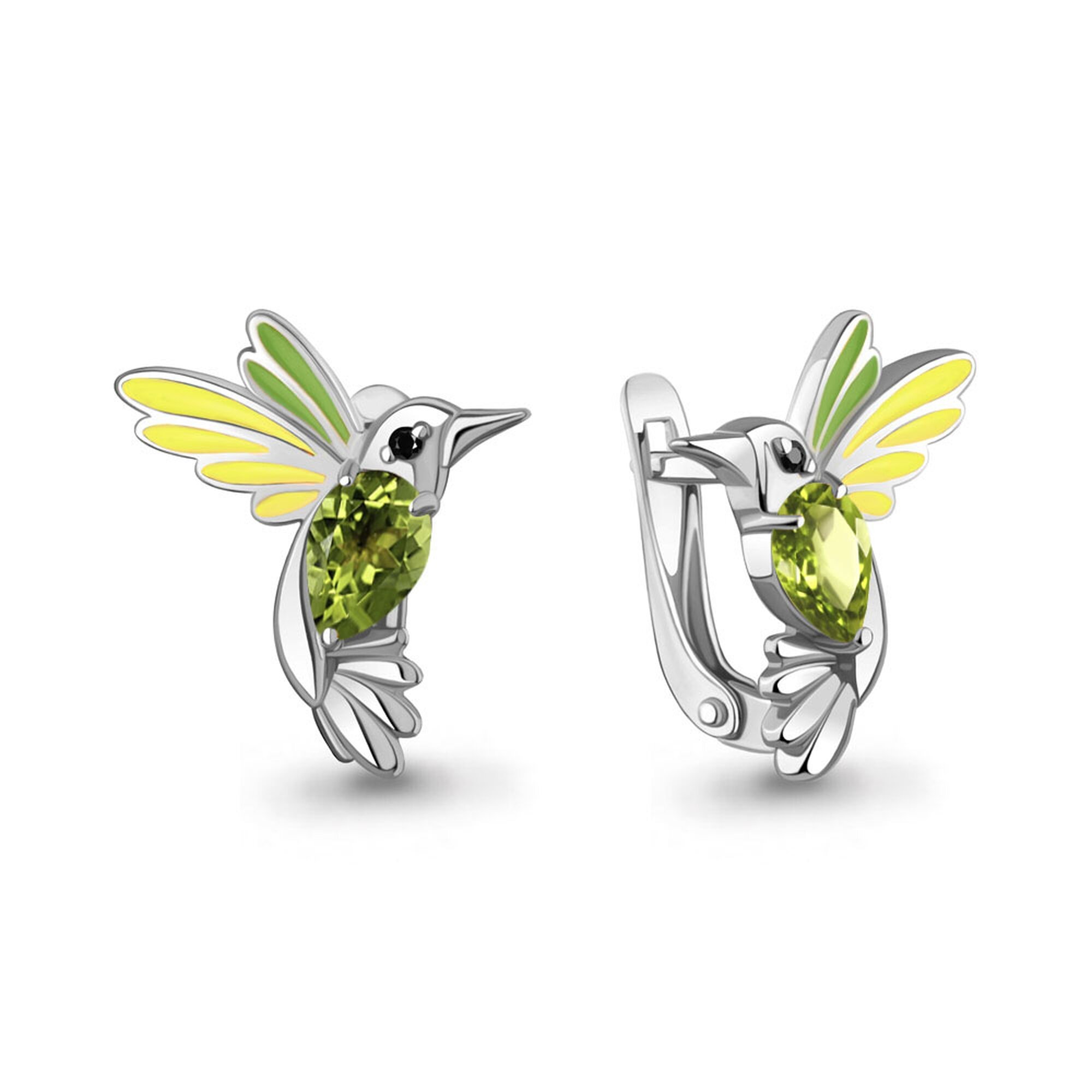 Серьги, серебро, 925 проба, родирование, хризолит, эмаль, кристалл