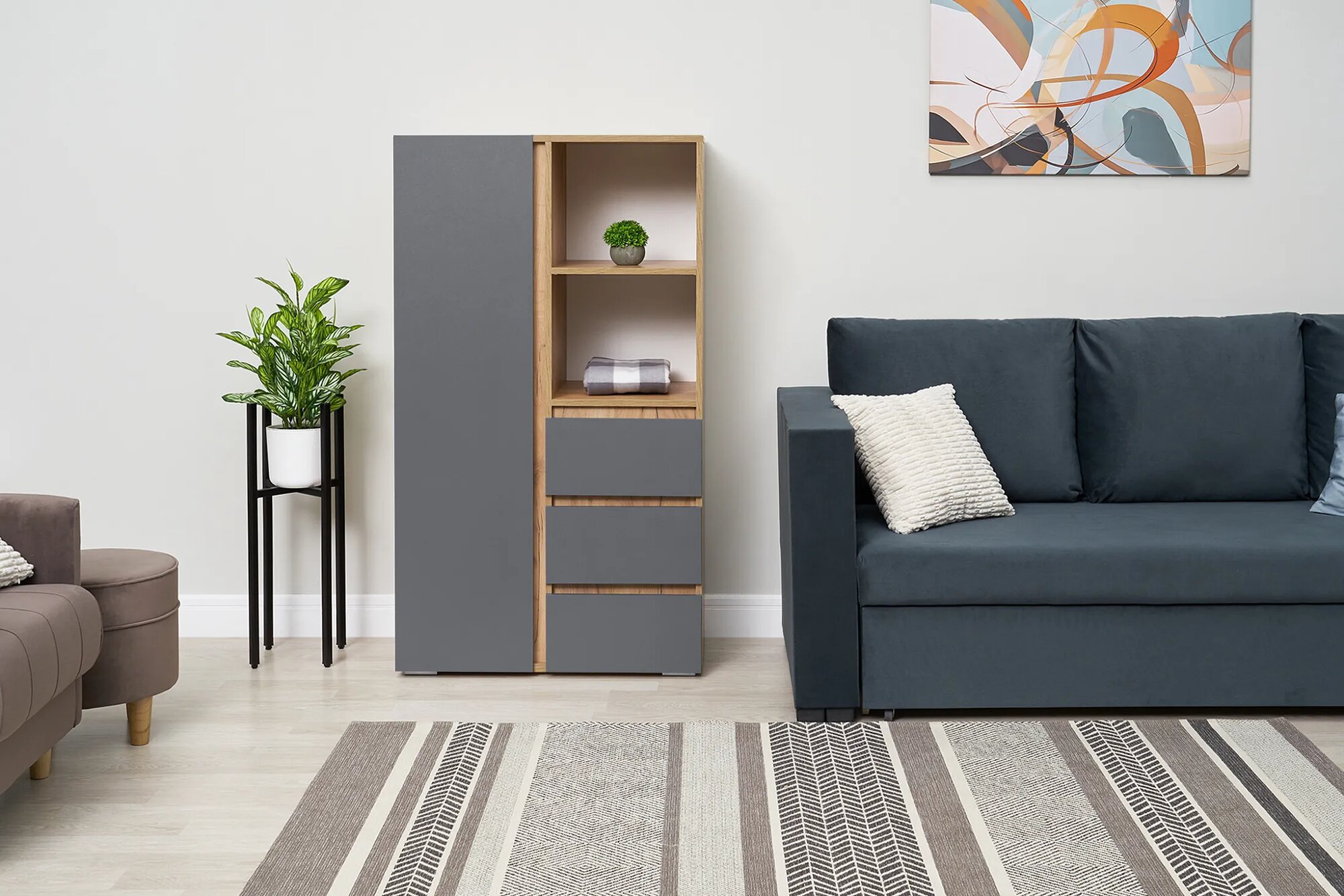 Шкаф Небби современный, дуб крафт золото / серый графит, ширина 80см, ЛДСП, 1 дв, 3 ящ, со штангой