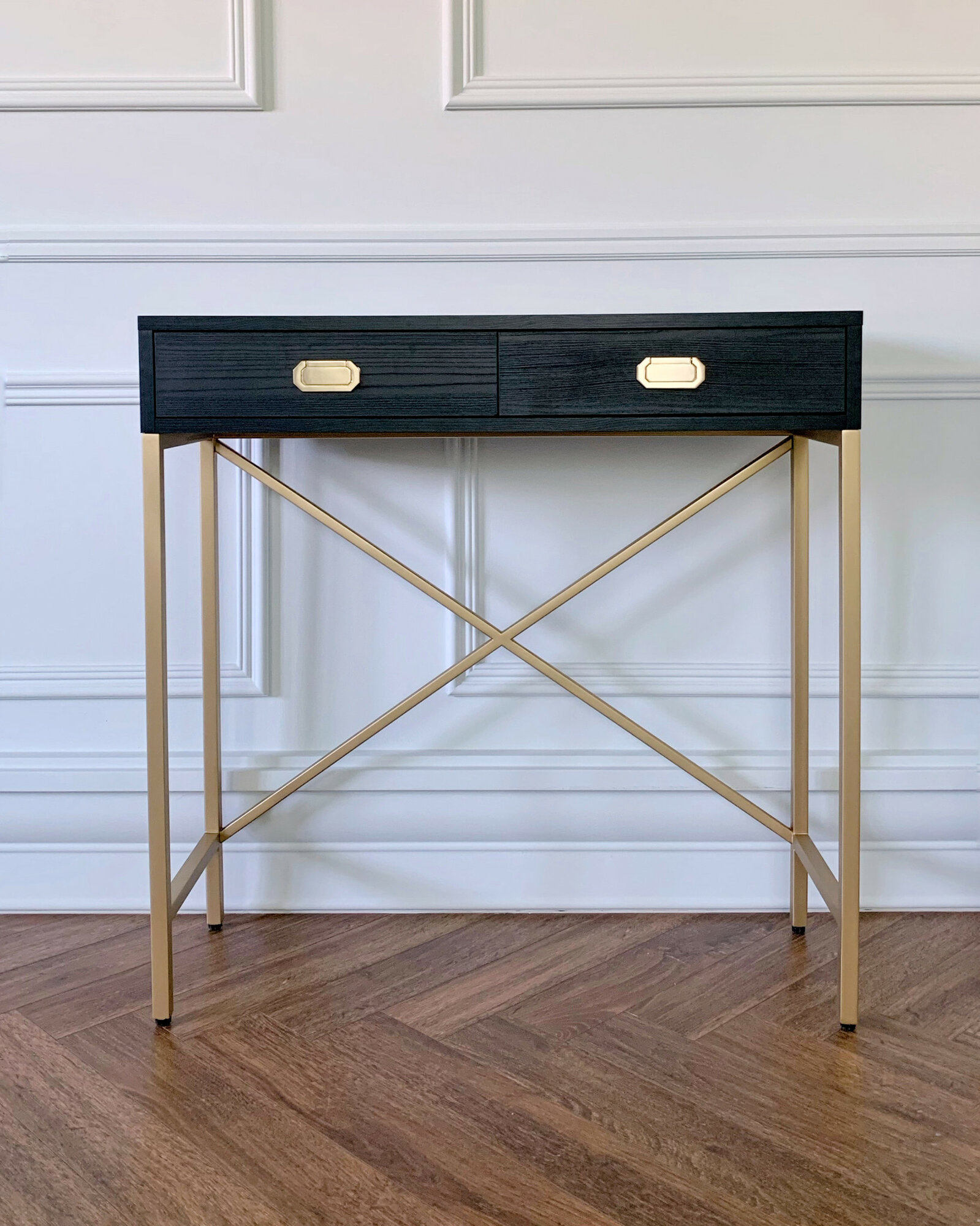 Консоль Равенна фрейм 247 с двумя ящиками ламинация под черное дерево на золотистом металлическом каркасе